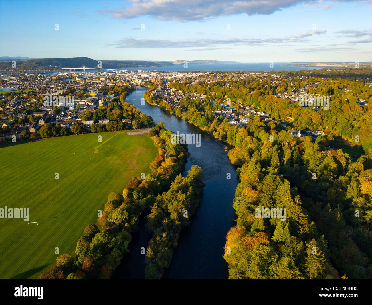 Aerial view from drone of River Ness in city centre of Inverness ...