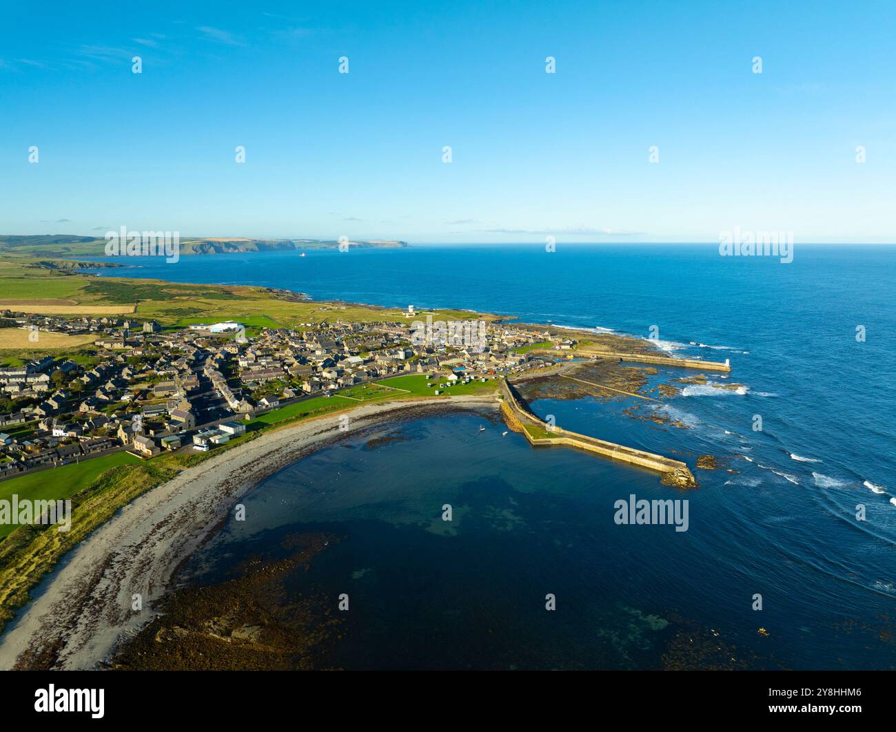 Aerial view from drone of Rosehearty village and harbour on Moray coast ...