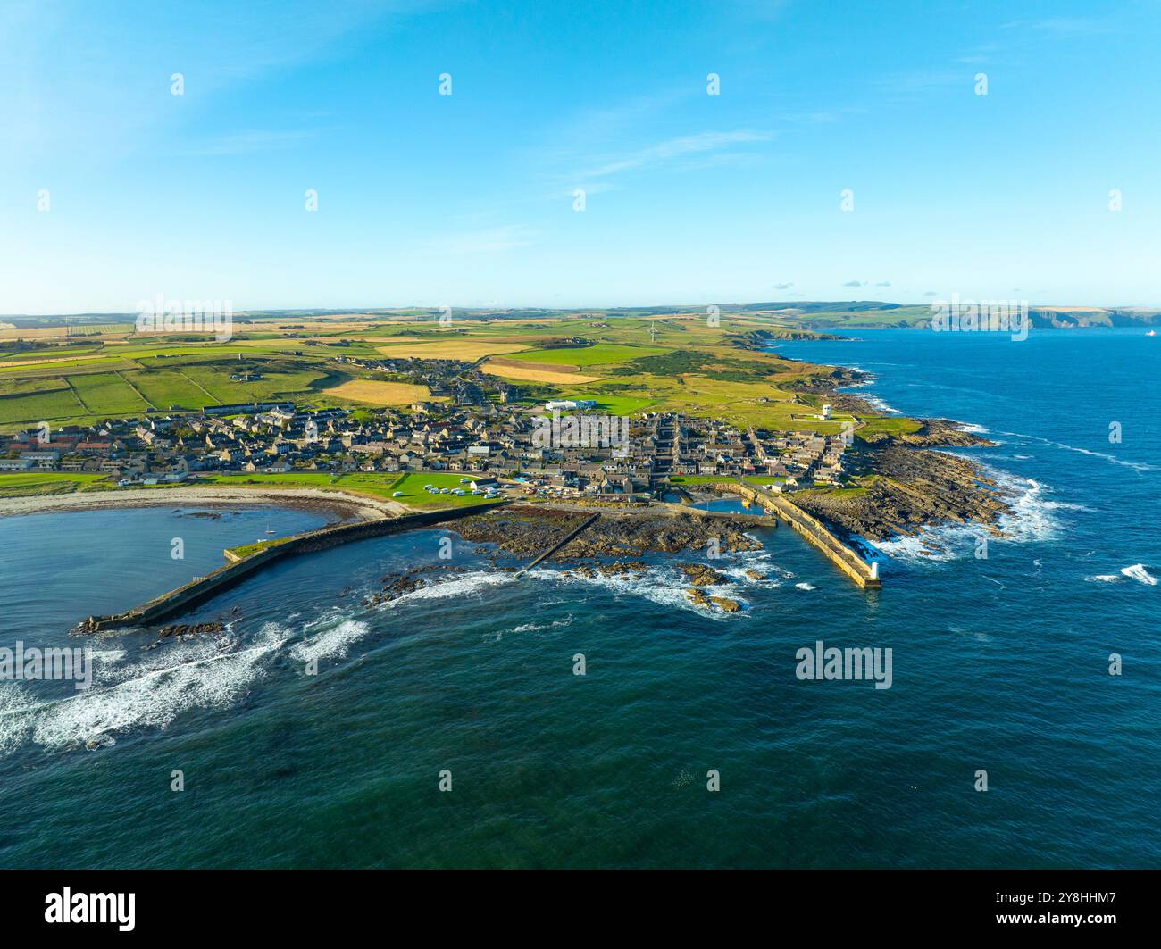Aerial view from drone of Rosehearty village and harbour on Moray coast ...