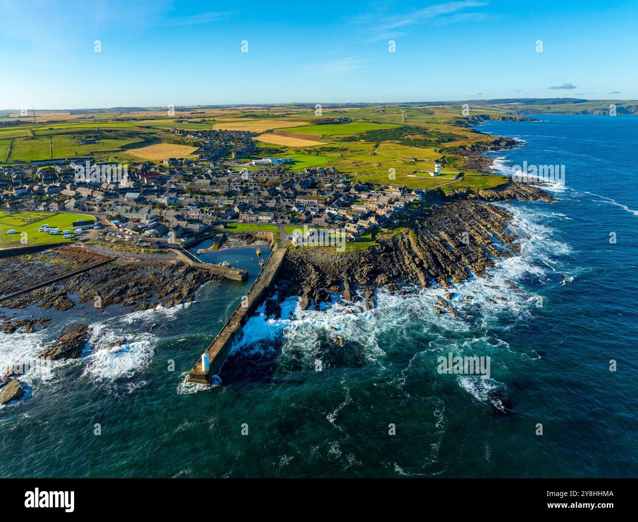 Aerial view from drone of Rosehearty village and harbour on Moray coast ...