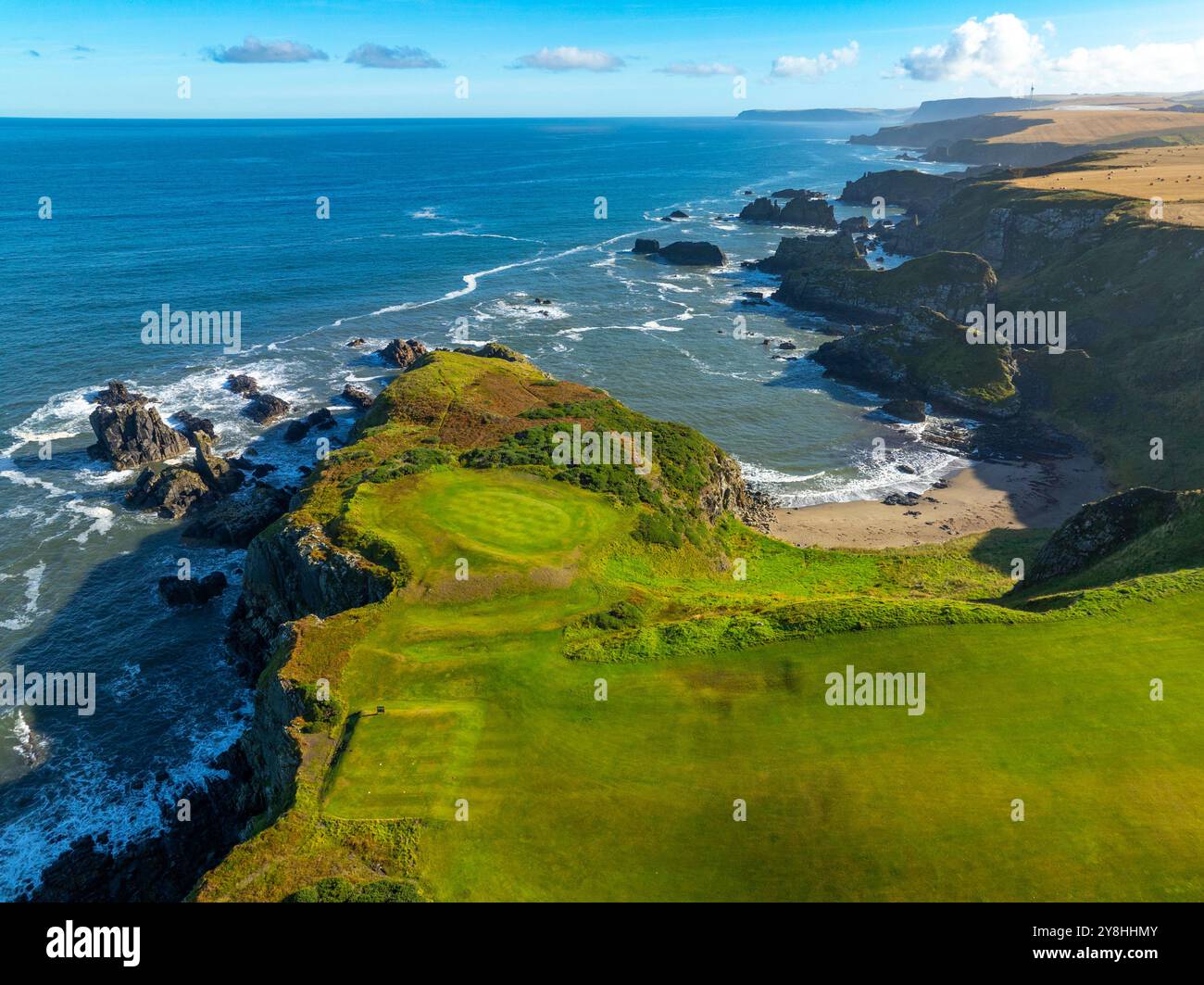 Aerial view from drone of 13th hole Clivet at Royal Tarlair Golf Club ...