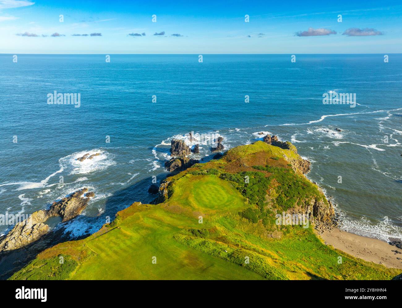 Aerial view from drone of 13th hole Clivet at Royal Tarlair Golf Club ...