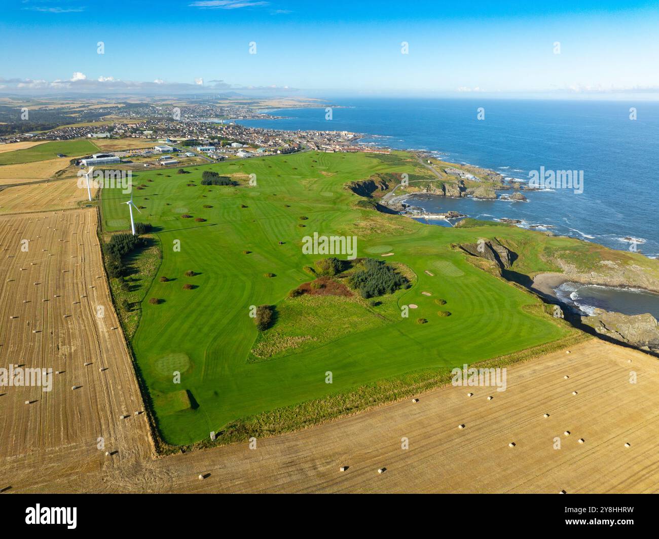 Aerial view from drone of Royal Tarlair Golf Club in Macduff, Scotland ...