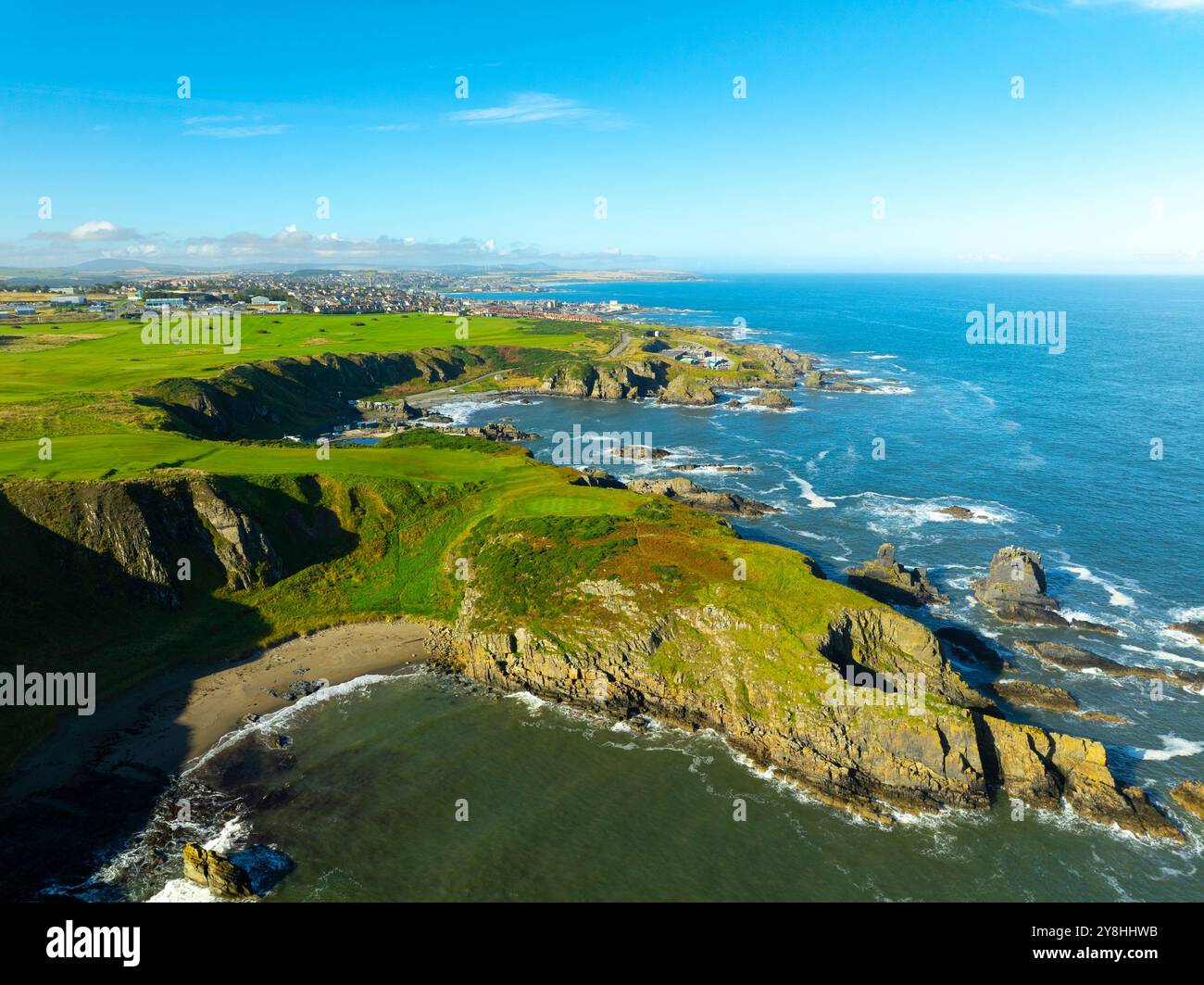 Aerial view from drone of 13th hole Clivet at Royal Tarlair Golf Club ...