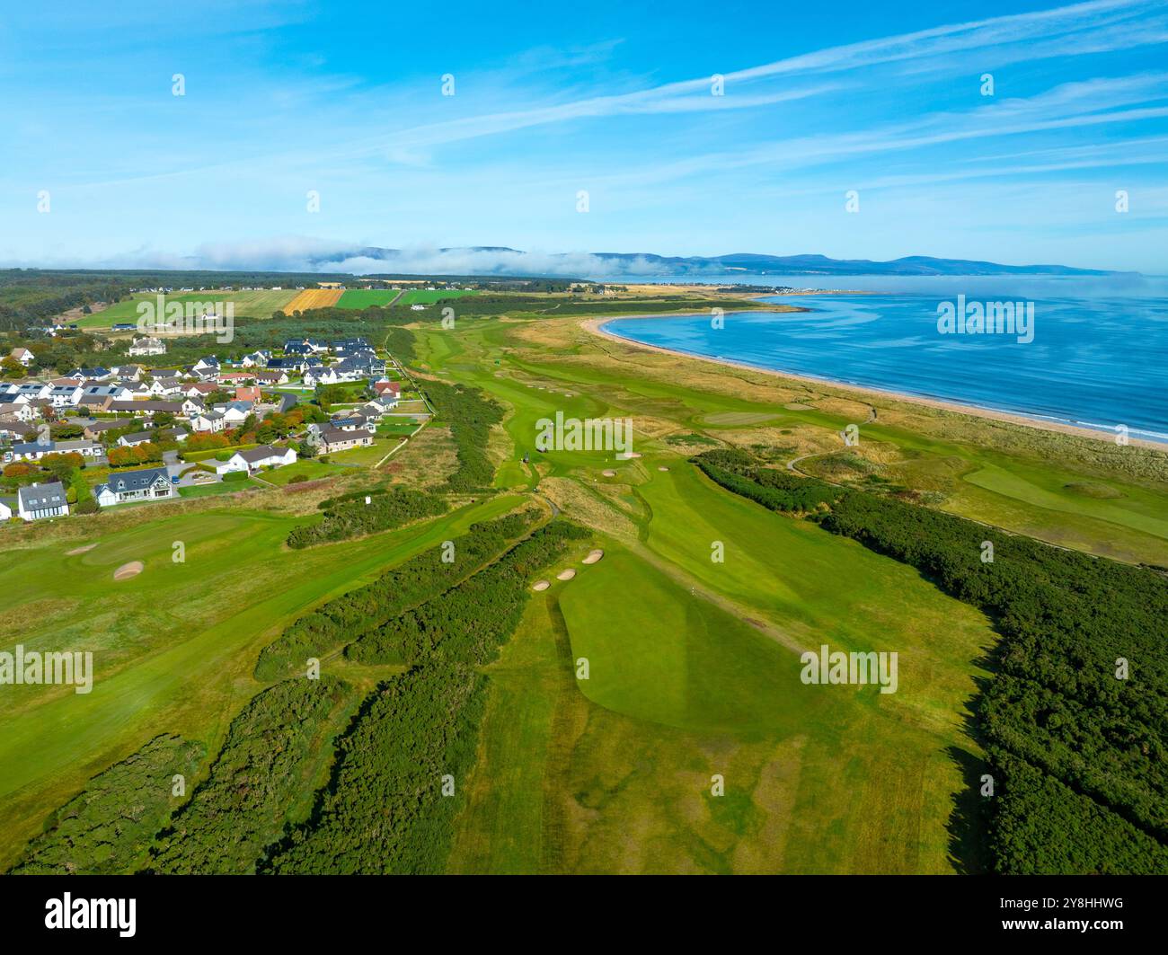 Aerial view from drone of Royal Dornoch Golf Club in Dornoch, Scotland ...