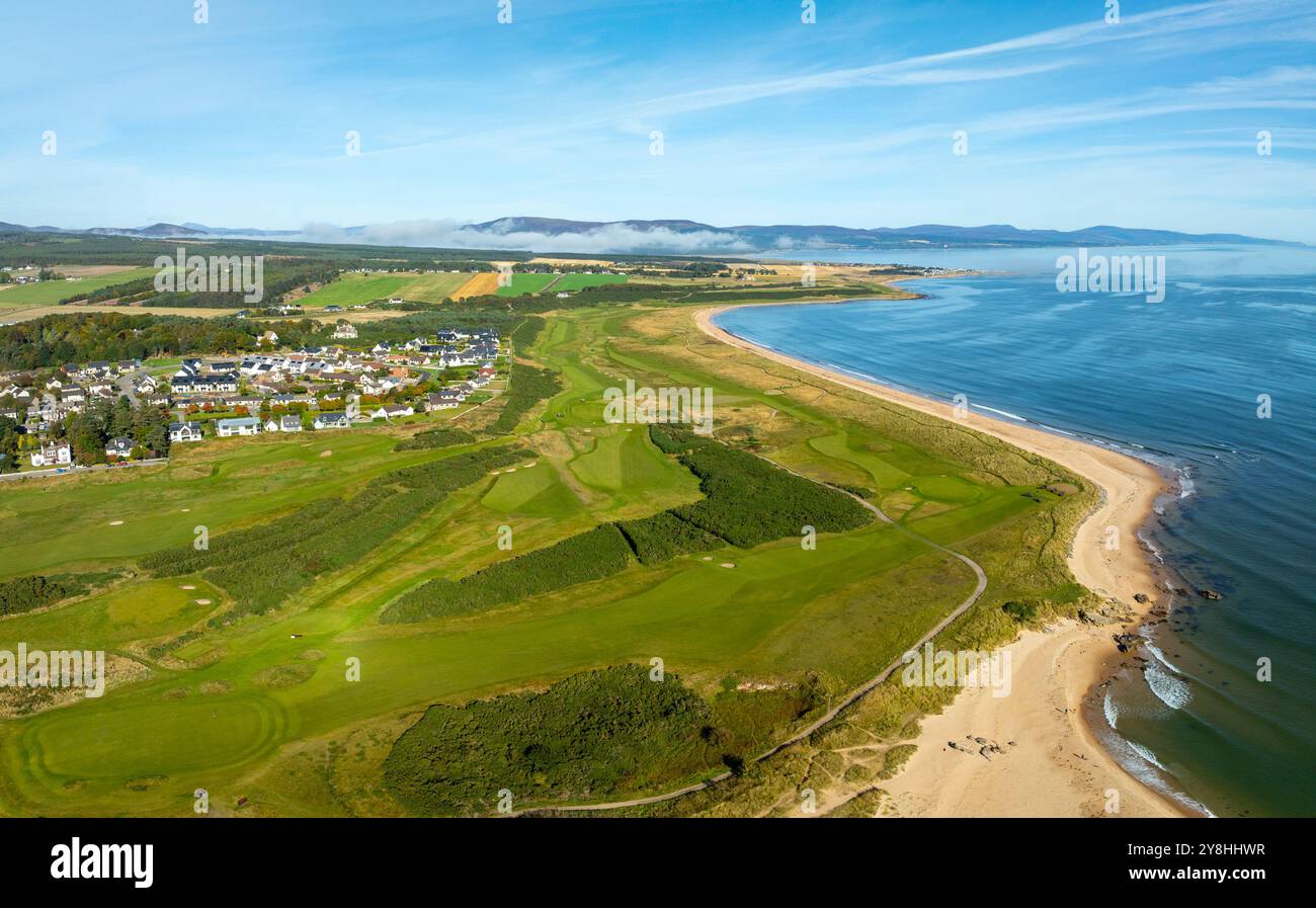 Aerial view from drone of Royal Dornoch Golf Club in Dornoch, Scotland ...