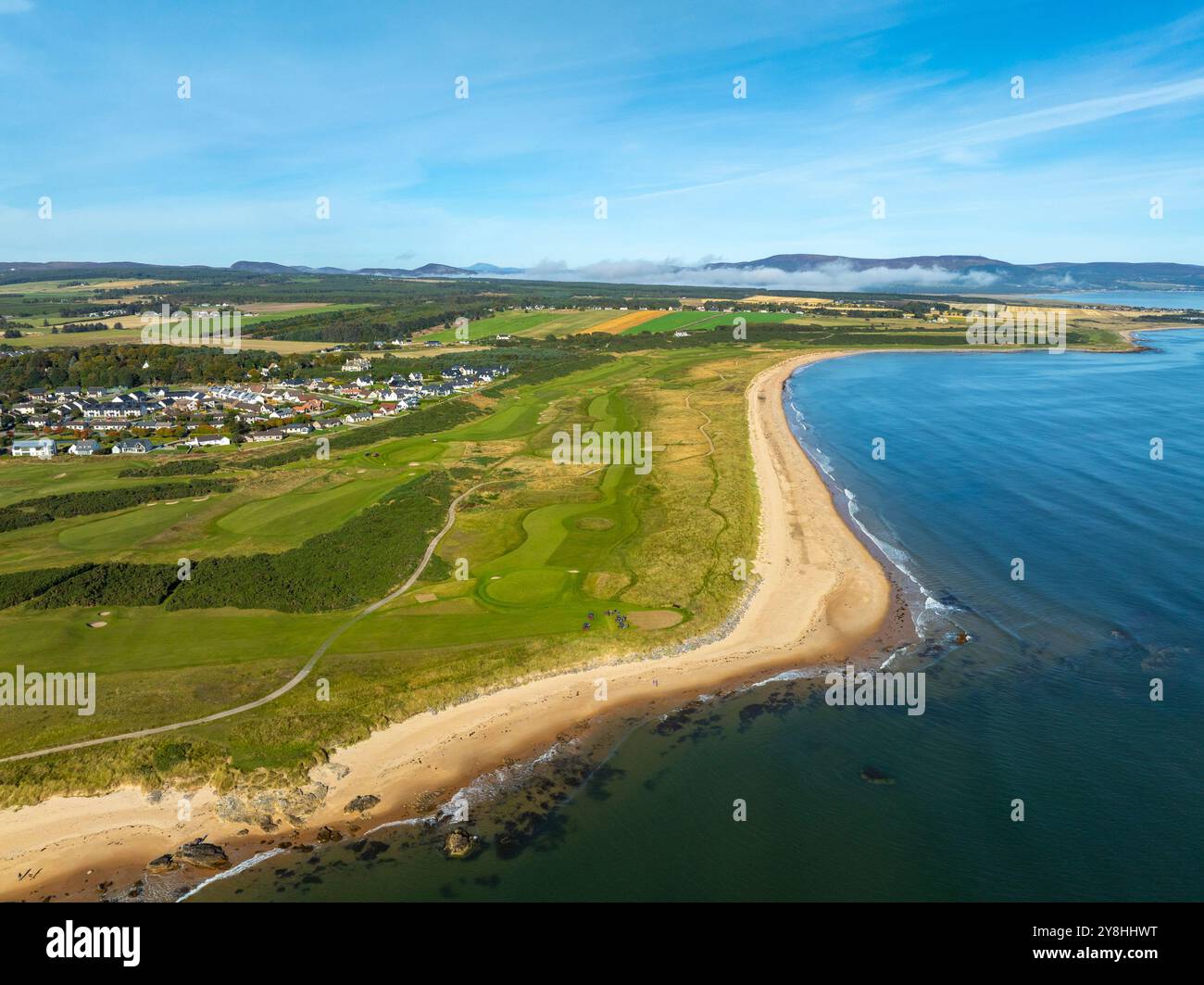 Aerial view from drone of Royal Dornoch Golf Club in Dornoch, Scotland ...