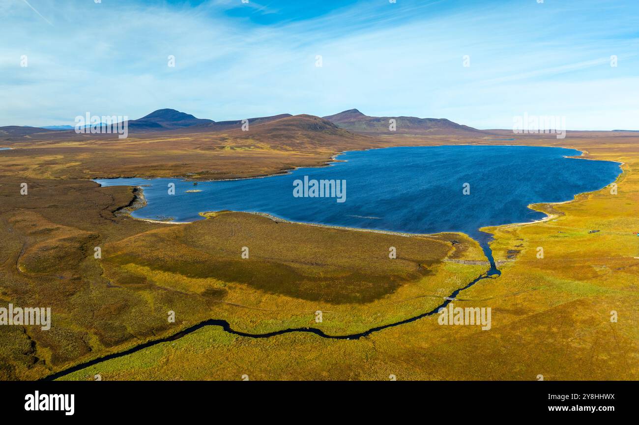 Aerial view from drone of Loch an Ruathair in the Flow Country at ...