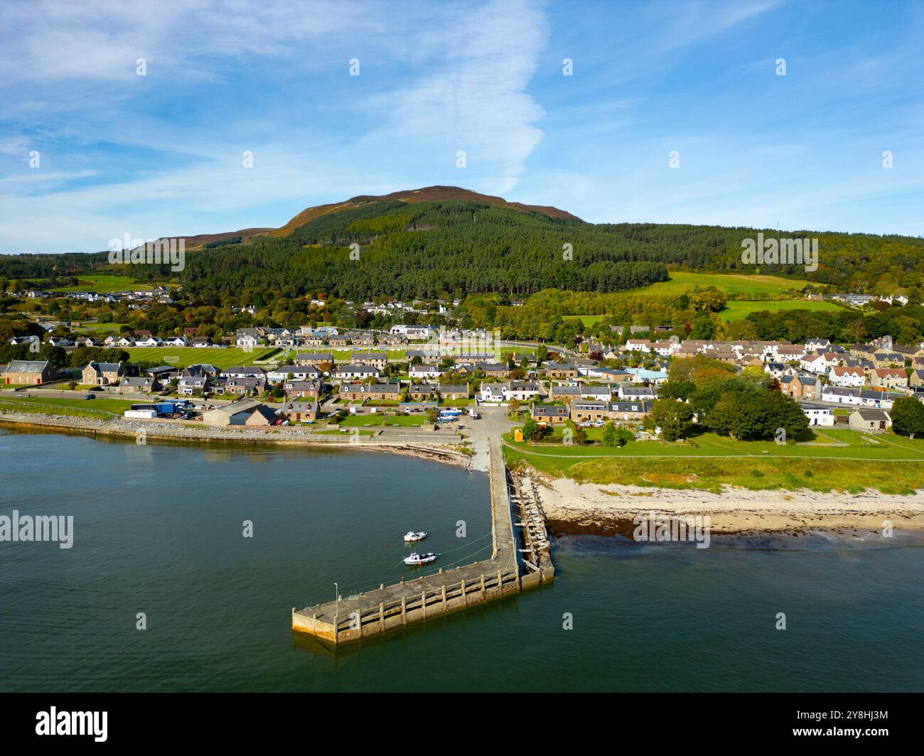Aerial view from drone of village of Golspie, Scottish Highlands ...