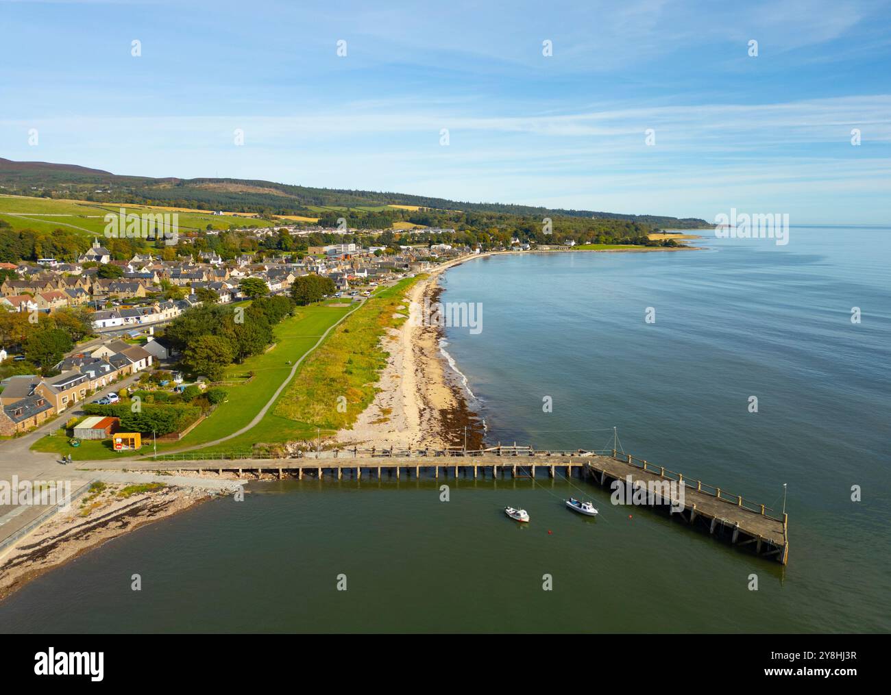 Aerial view from drone of village of Golspie, Scottish Highlands ...