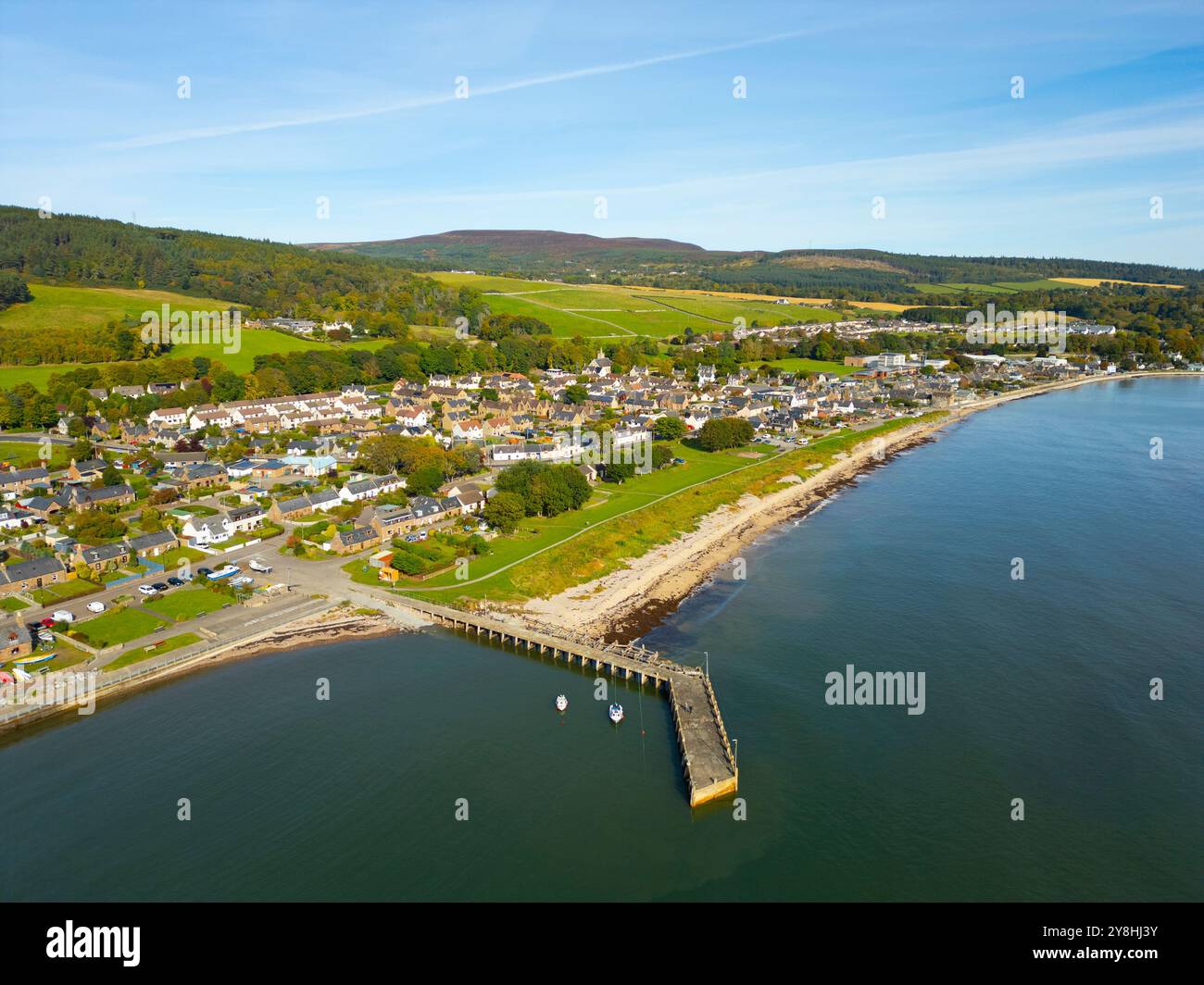 Aerial view from drone of village of Golspie, Scottish Highlands ...