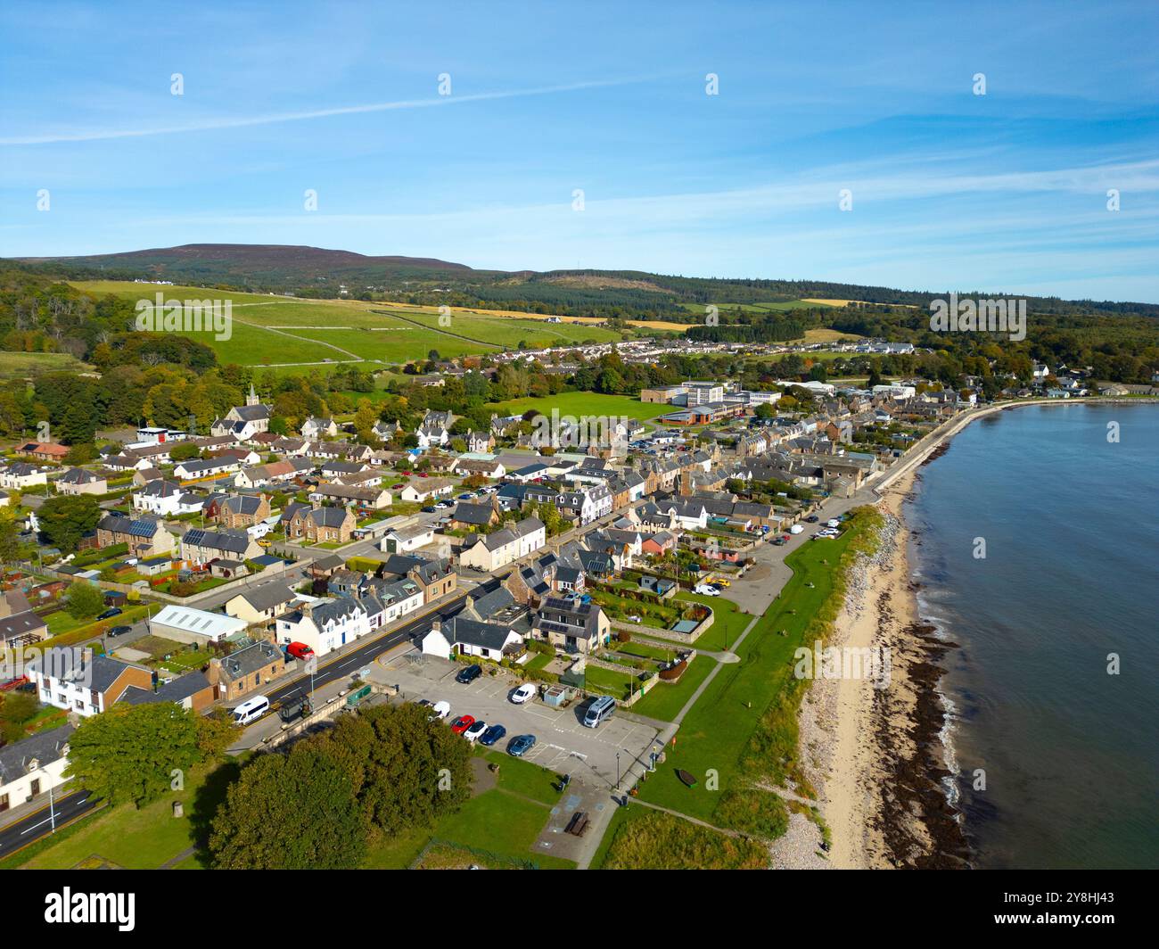 Aerial view from drone of village of Golspie, Scottish Highlands ...
