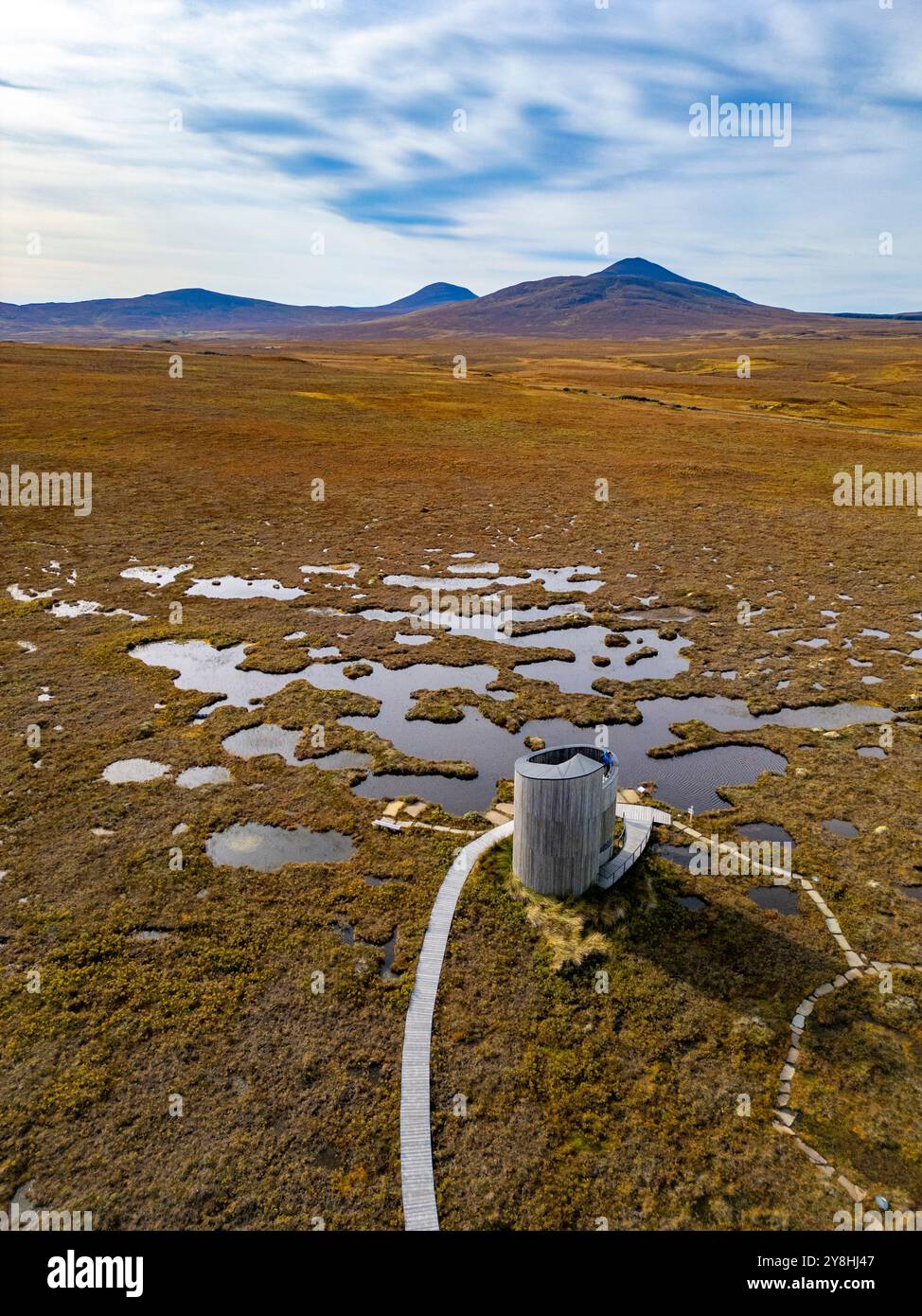 Aerial view from drone of landscape of peat bog at RSPB Forsinard in ...