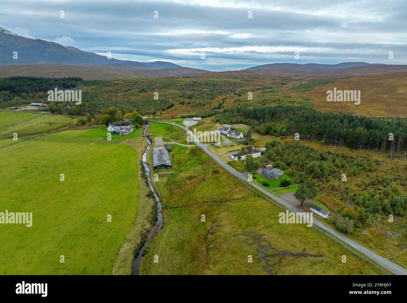 Aerial view from drone of Altnaharra village, Scottish Highlands ...
