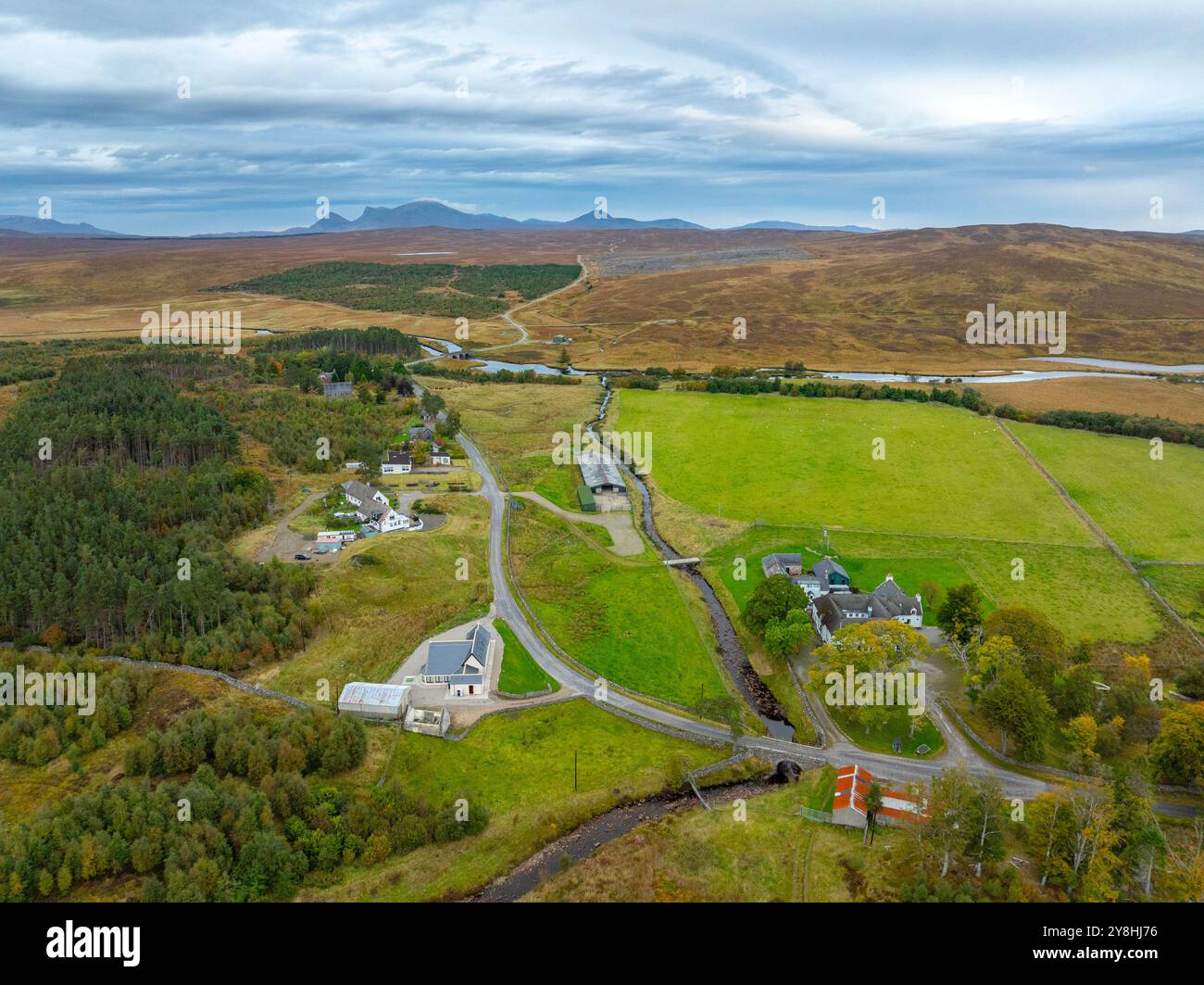 Aerial view from drone of Altnaharra village, Scottish Highlands ...