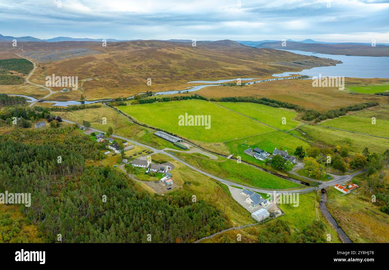 Aerial view from drone of Altnaharra village, Scottish Highlands ...