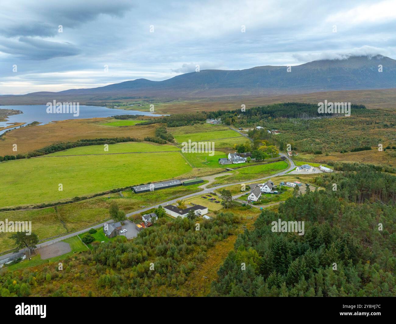 Aerial view from drone of Altnaharra village, Scottish Highlands ...