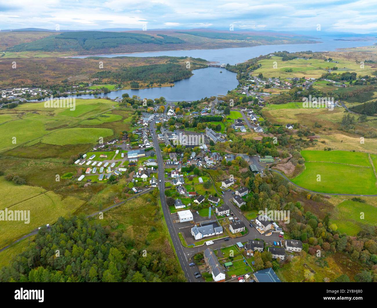 Aerial view from drone of Lairg village, Scottish Highlands, Scotland ...
