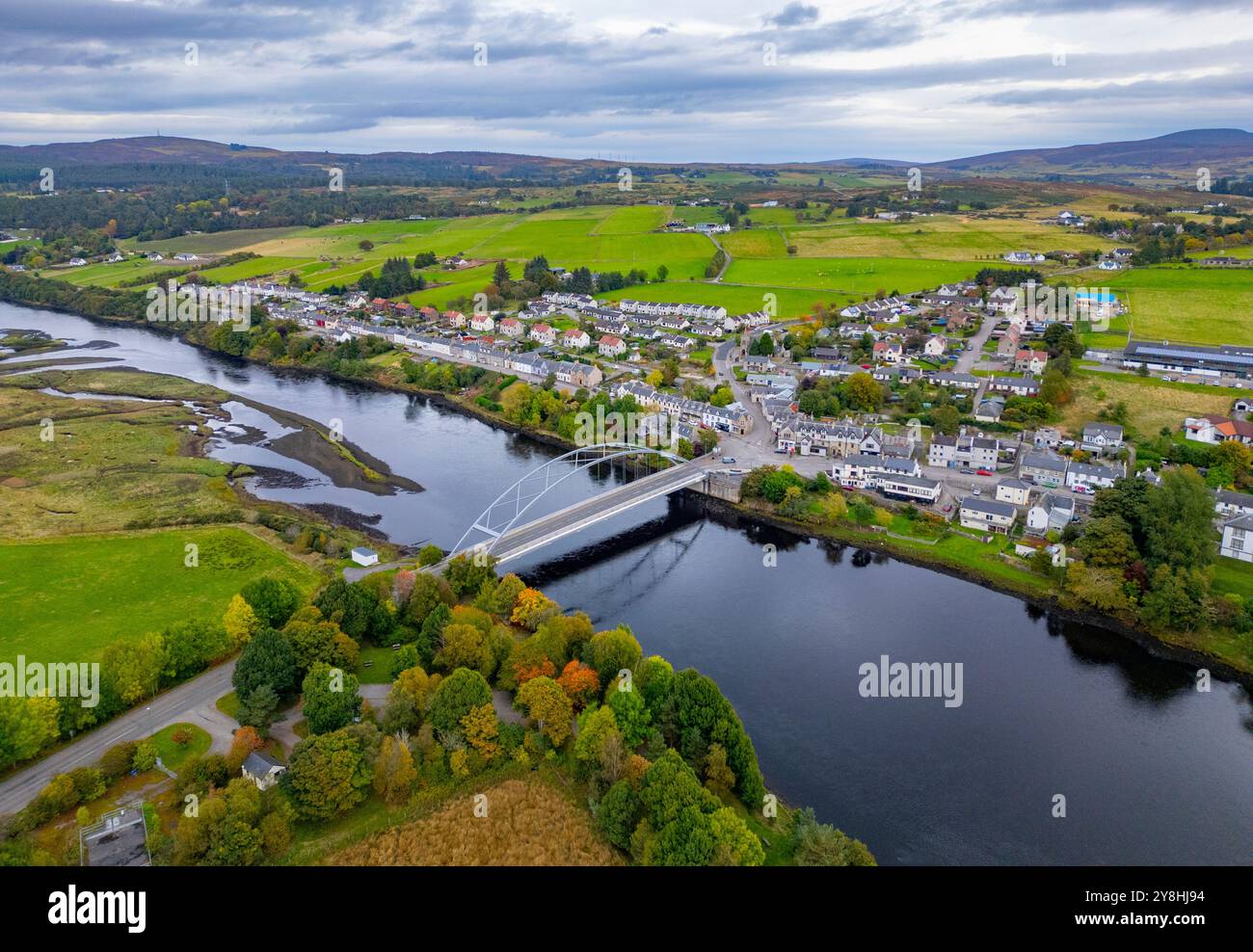 Aerial view from drone of Bonar Bridge village on Kyle of Sutherland ...
