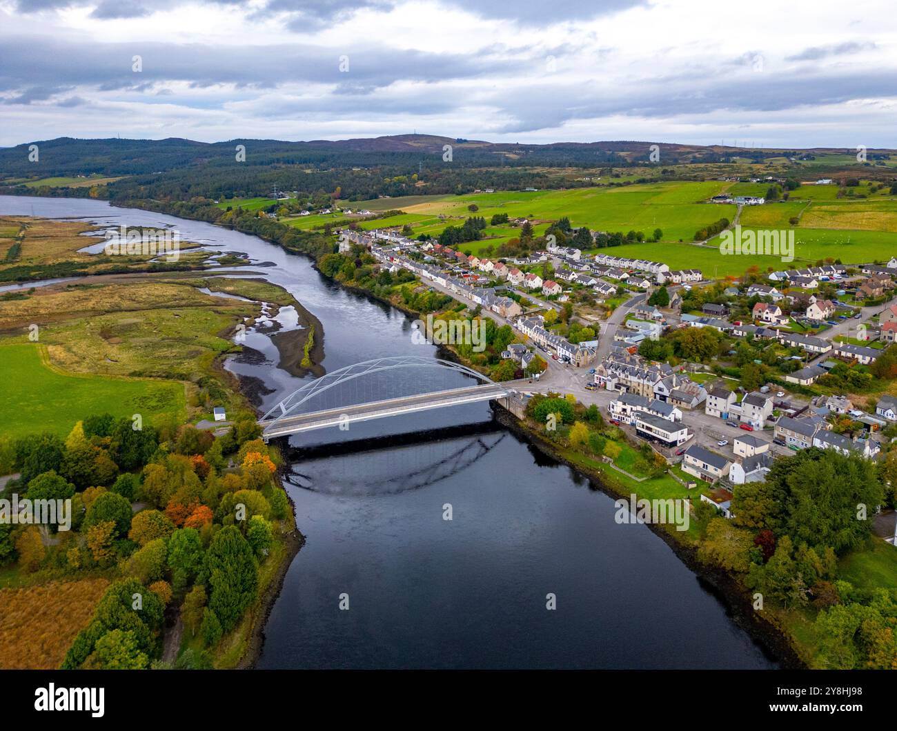 Aerial view from drone of Bonar Bridge village on Kyle of Sutherland ...
