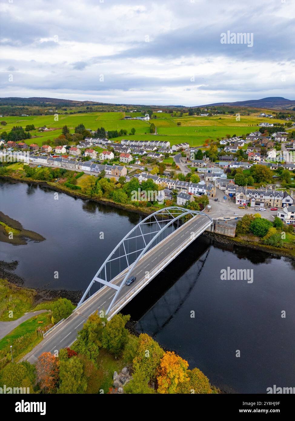 Aerial view from drone of Bonar Bridge village on Kyle of Sutherland ...