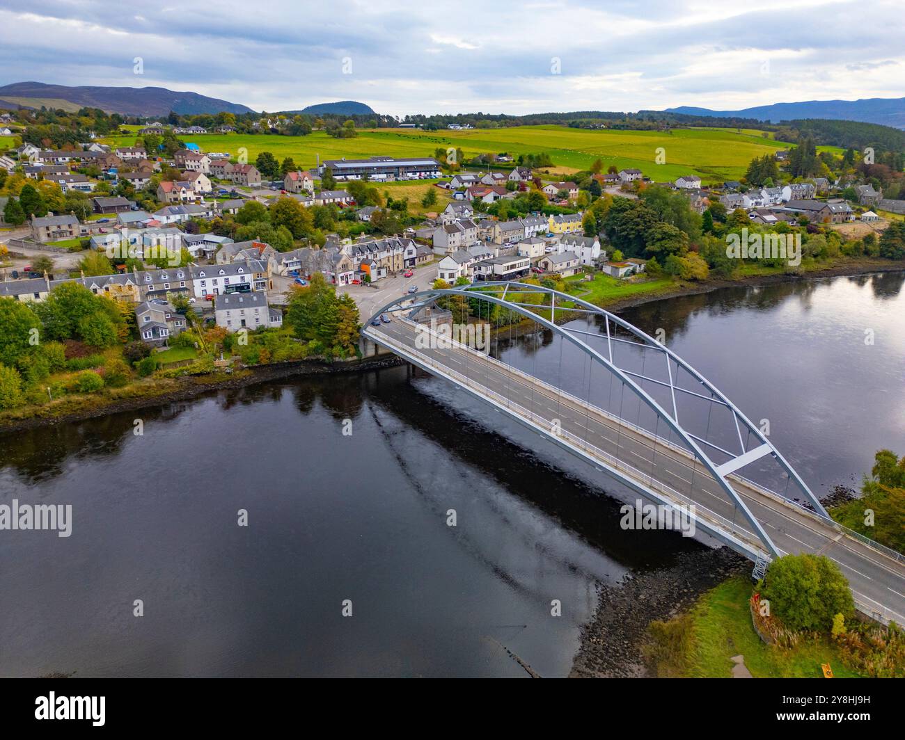 Aerial view from drone of Bonar Bridge village on Kyle of Sutherland ...