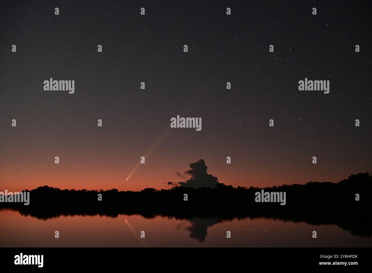 Comet Tsuchinshan-ATLAS rises in east over calm water of Nine Mile Pond ...