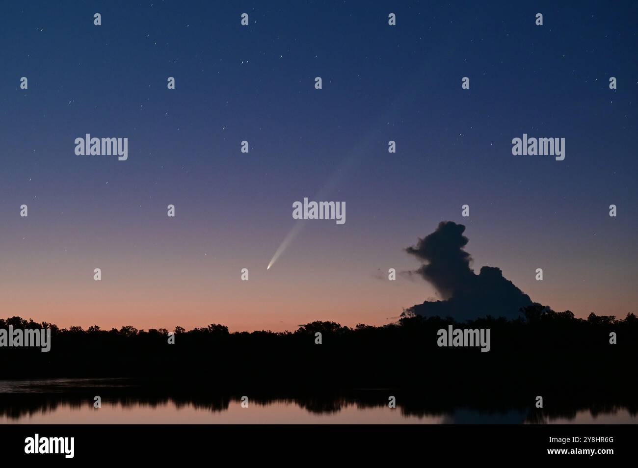 Comet Tsuchinshan-ATLAS rises in east over calm water of Nine Mile Pond ...