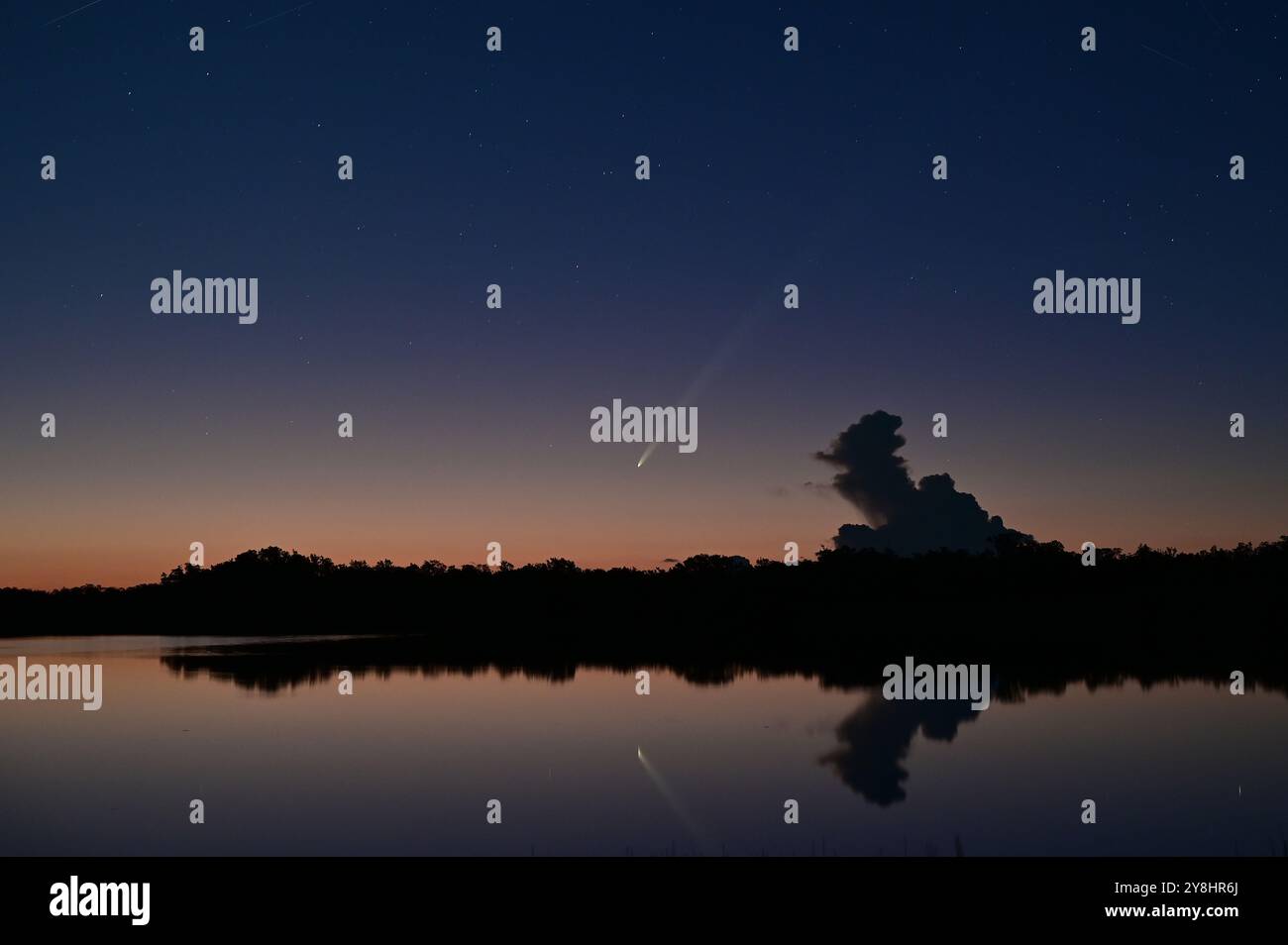 Comet Tsuchinshan-ATLAS rises in east over calm water of Nine Mile Pond ...