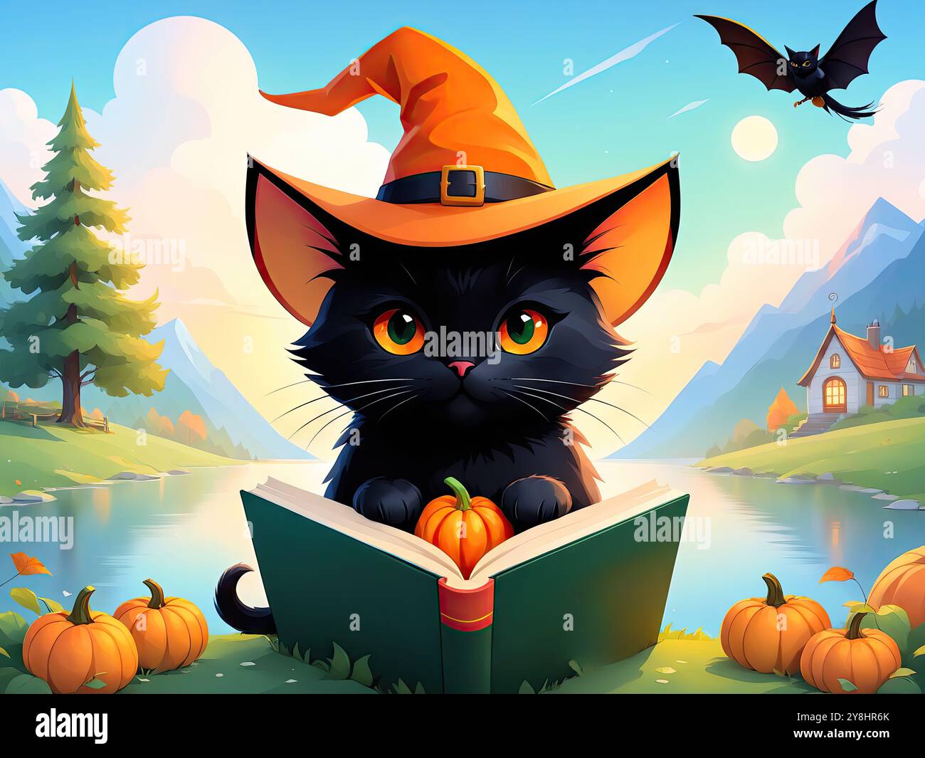 Adorable Witch Cat Halloween Pumpkin Chibi Kawaii Cartoon Illustration ...