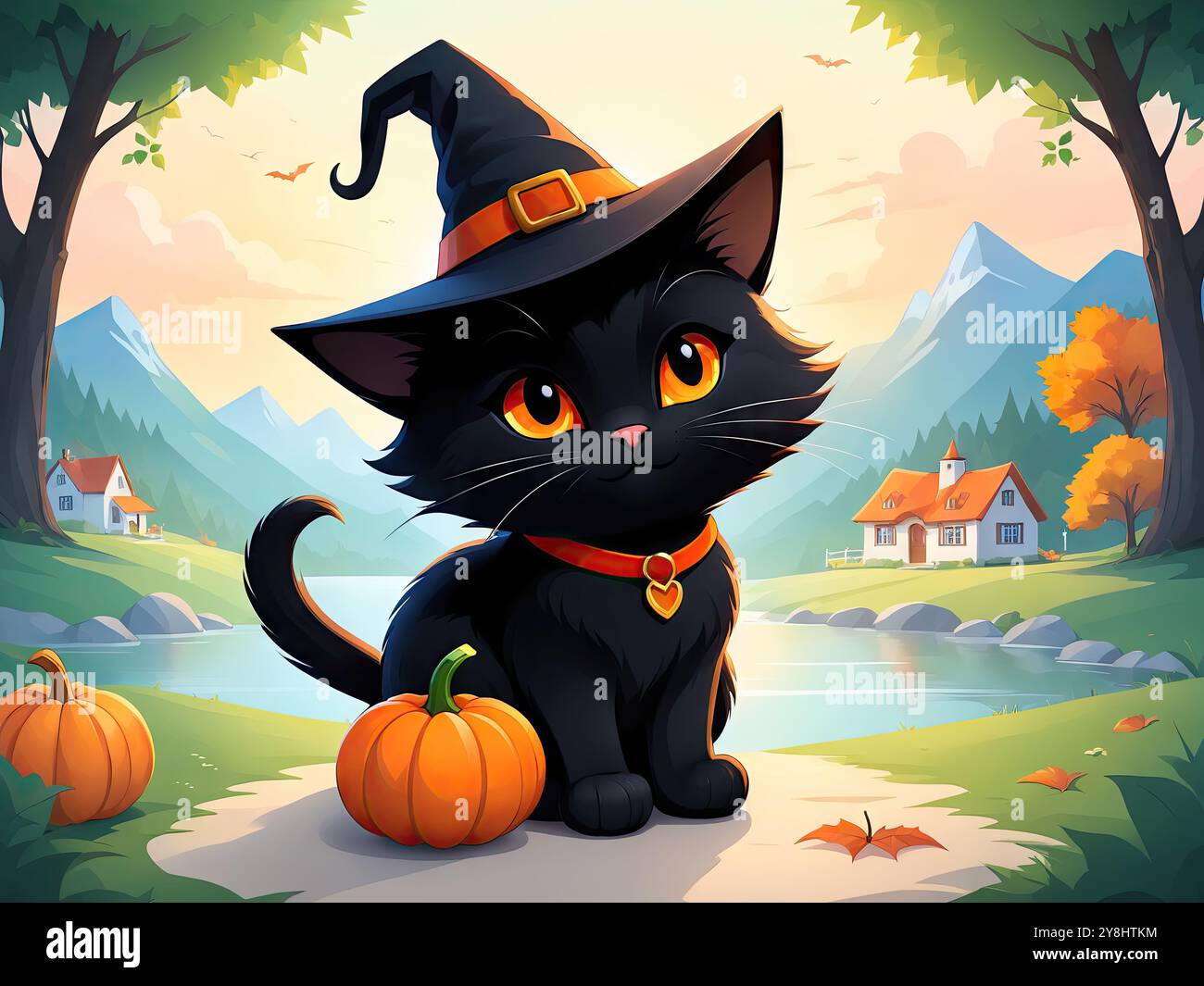 Adorable Witch Cat Halloween Pumpkin Chibi Kawaii Cartoon Illustration ...