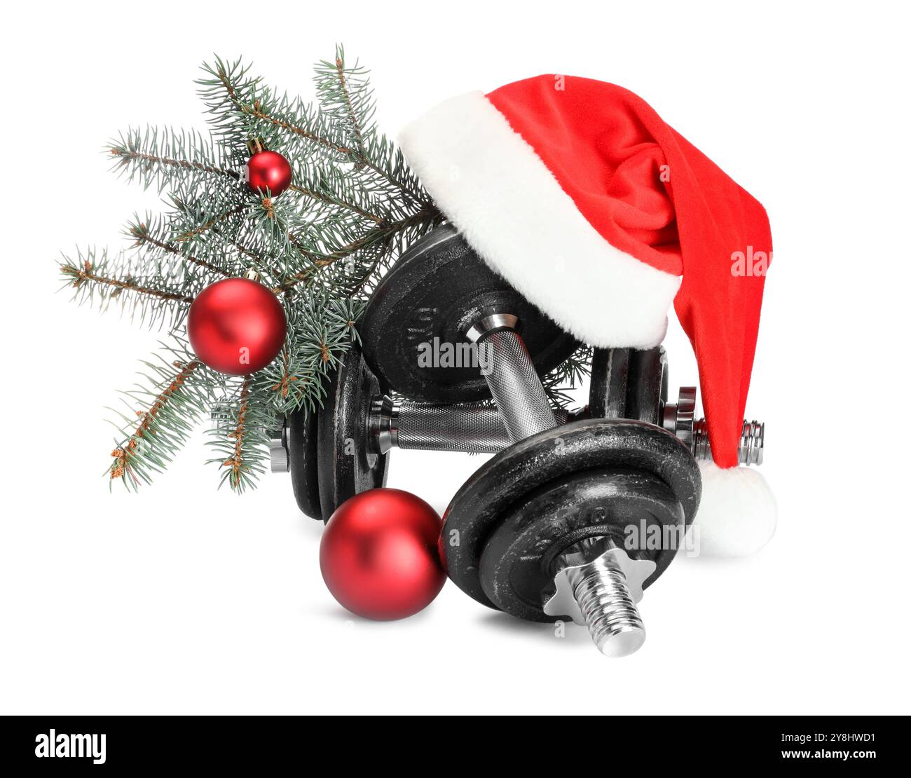 Dumbbells and Christmas decor isolated on white Stock Photo - Alamy