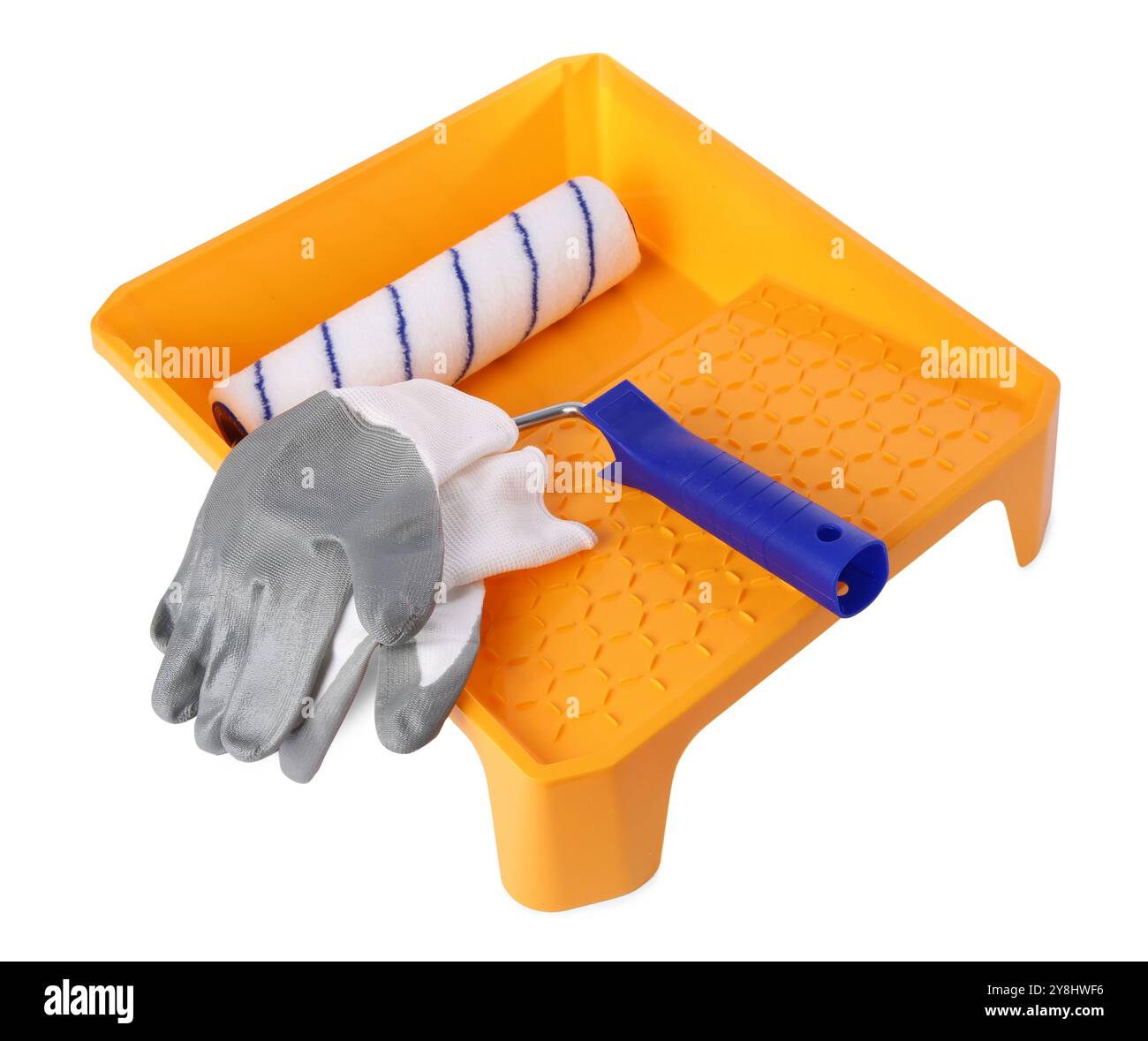 Paint roller brush, tray and gloves isolated on white Stock Photo - Alamy