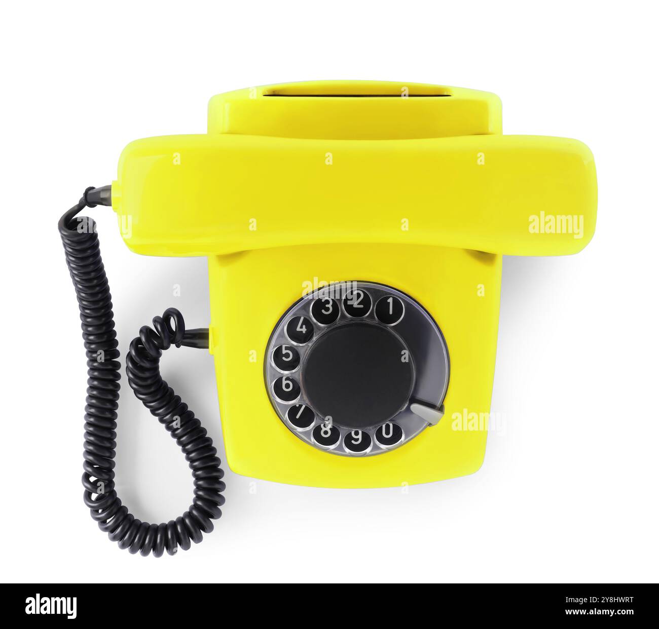 Old yellow telephone with rotary dial isolated on white, top view Stock ...