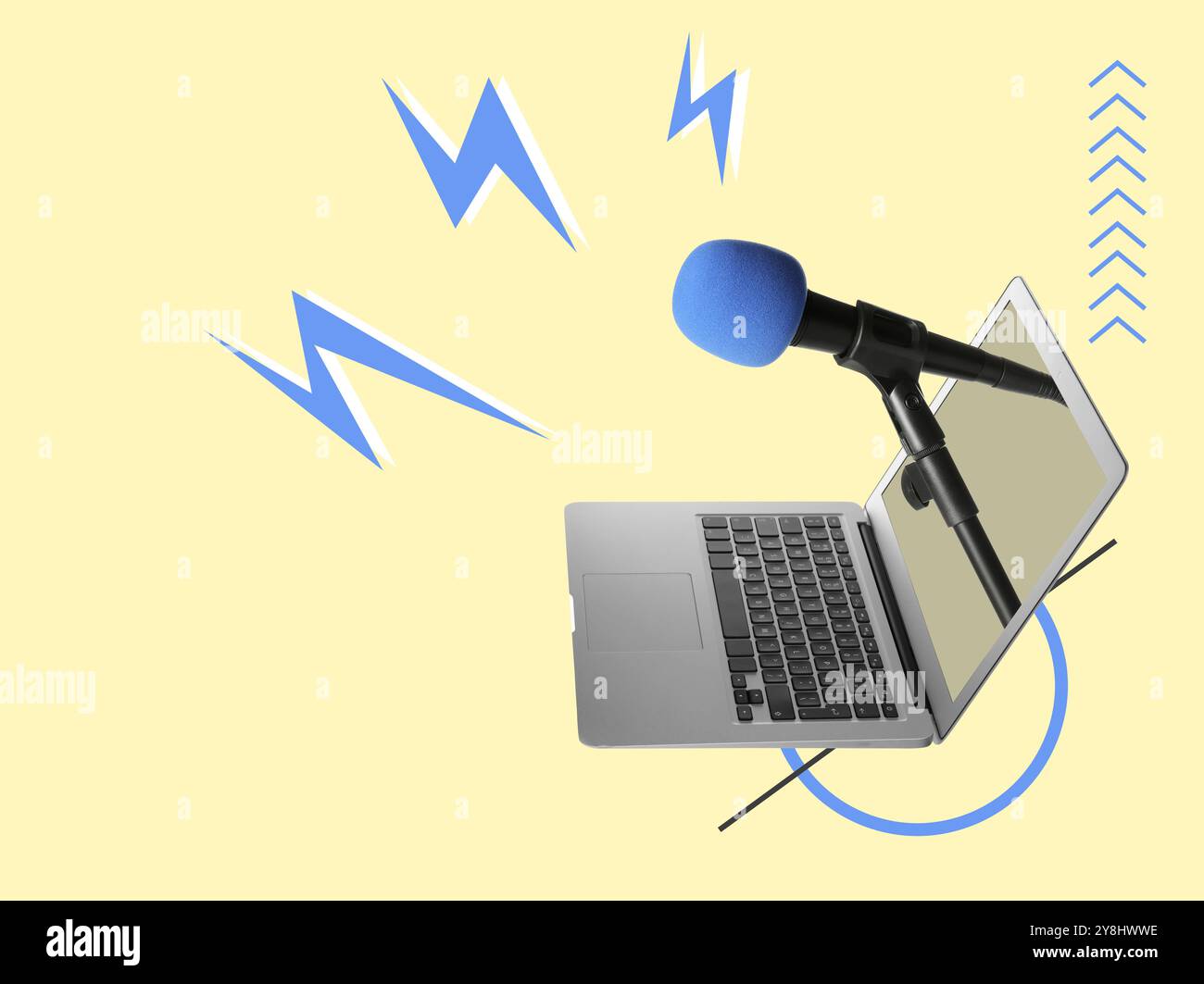 Creative collage with microphone sticking out of laptop on color ...