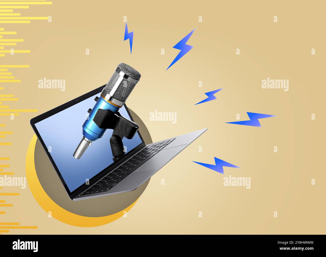 Creative collage with microphone sticking out of laptop on color ...