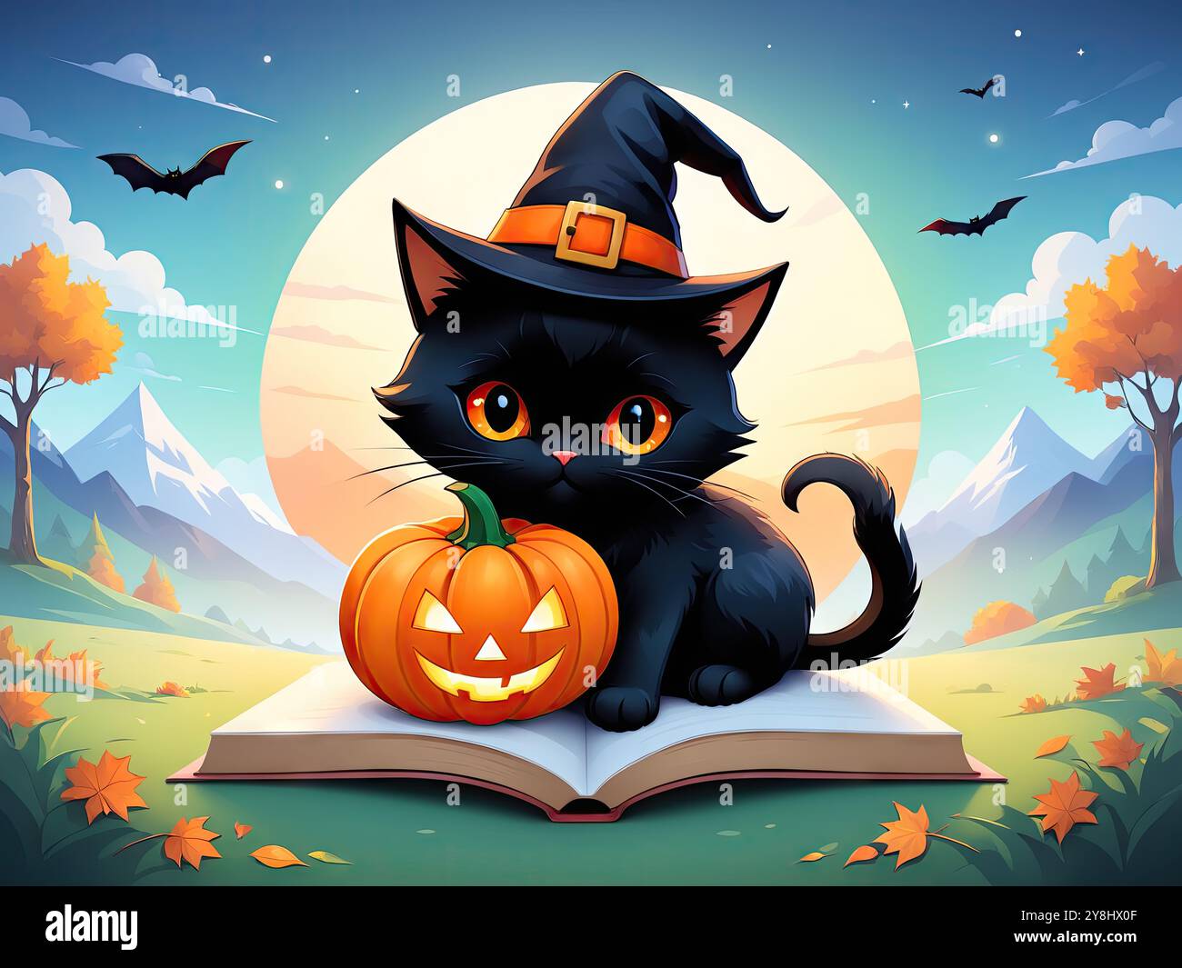 Adorable Witch Cat Halloween Pumpkin Chibi Kawaii Cartoon Illustration ...