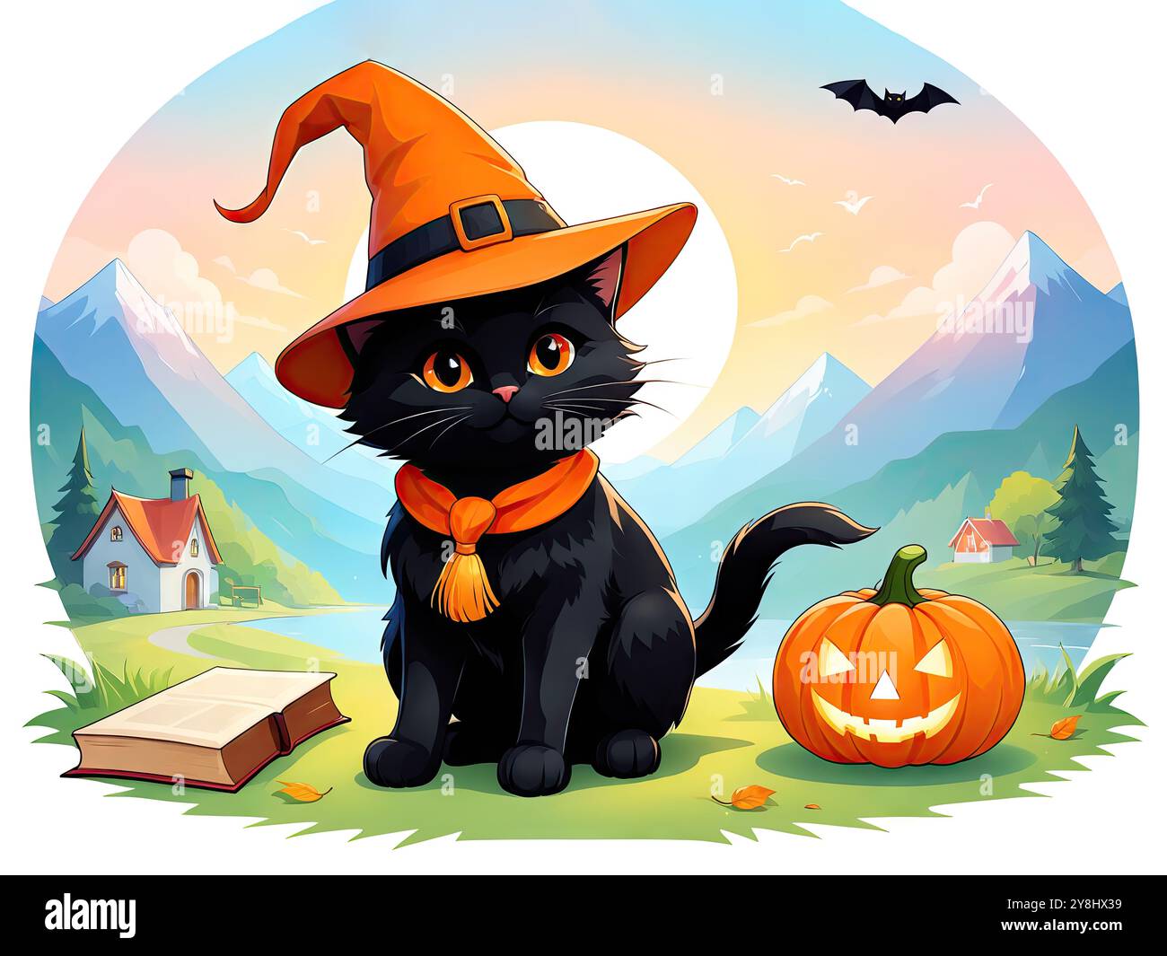 Adorable Witch Cat Halloween Pumpkin Chibi Kawaii Cartoon Illustration ...