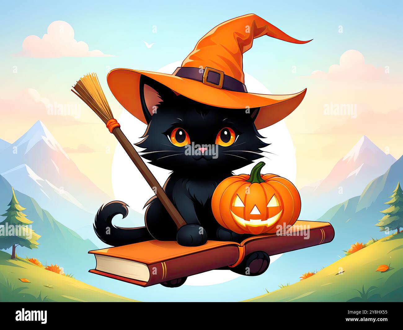 Adorable Witch Cat Halloween Pumpkin Chibi Kawaii Cartoon Illustration Spooky Cute Character ...