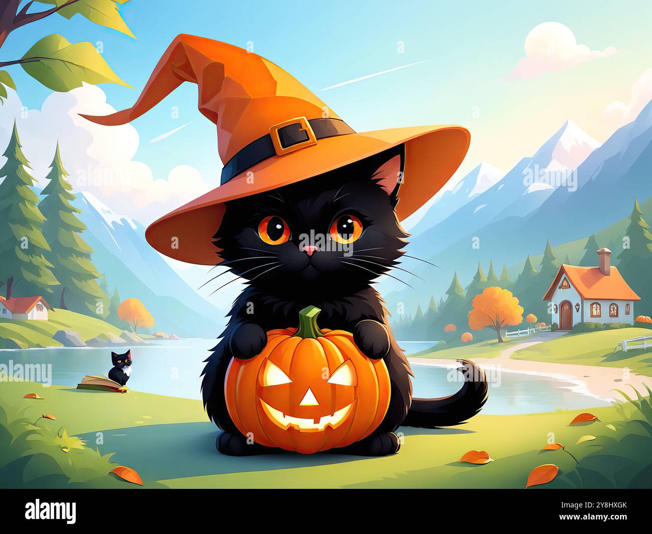 Adorable Witch Cat Halloween Pumpkin Chibi Kawaii Cartoon Illustration ...