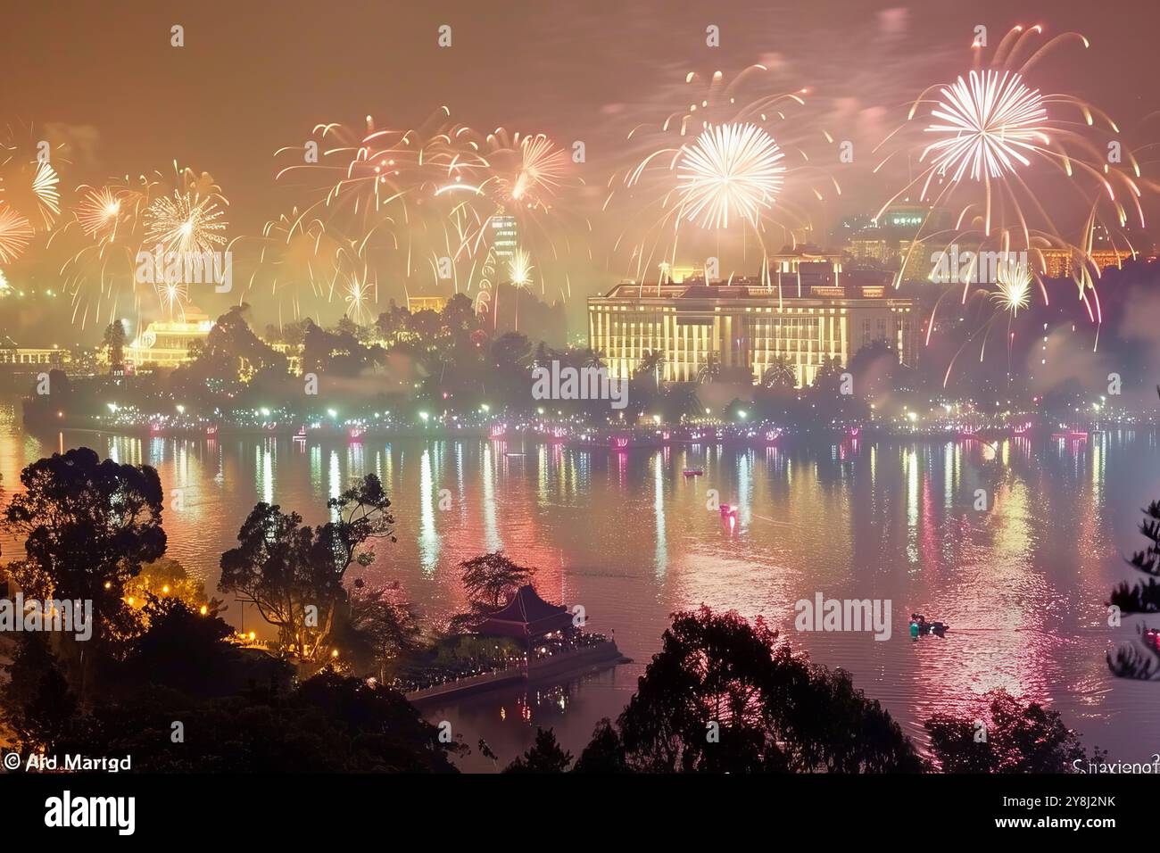 Vibrant fireworks and firecrackers illuminate the night sky during ...