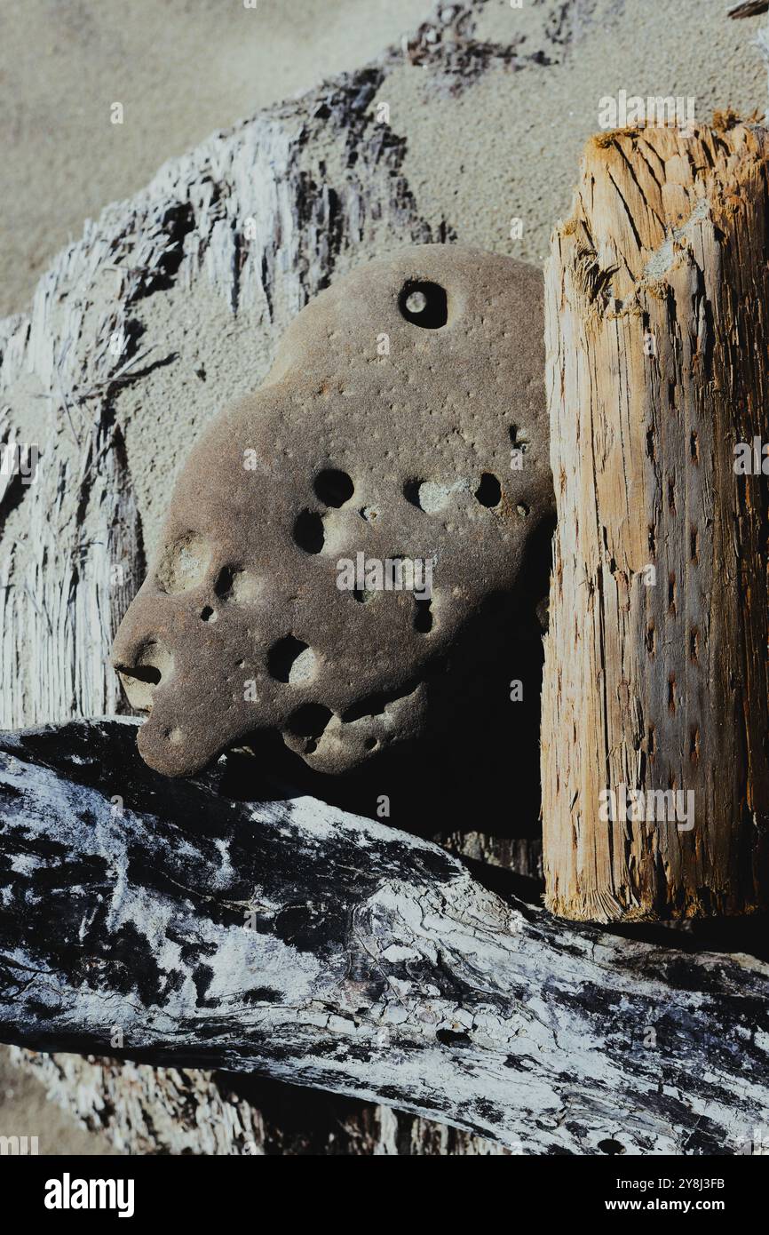 Drift wood and a mudstone with holes made by piddocks, on a beach Stock ...