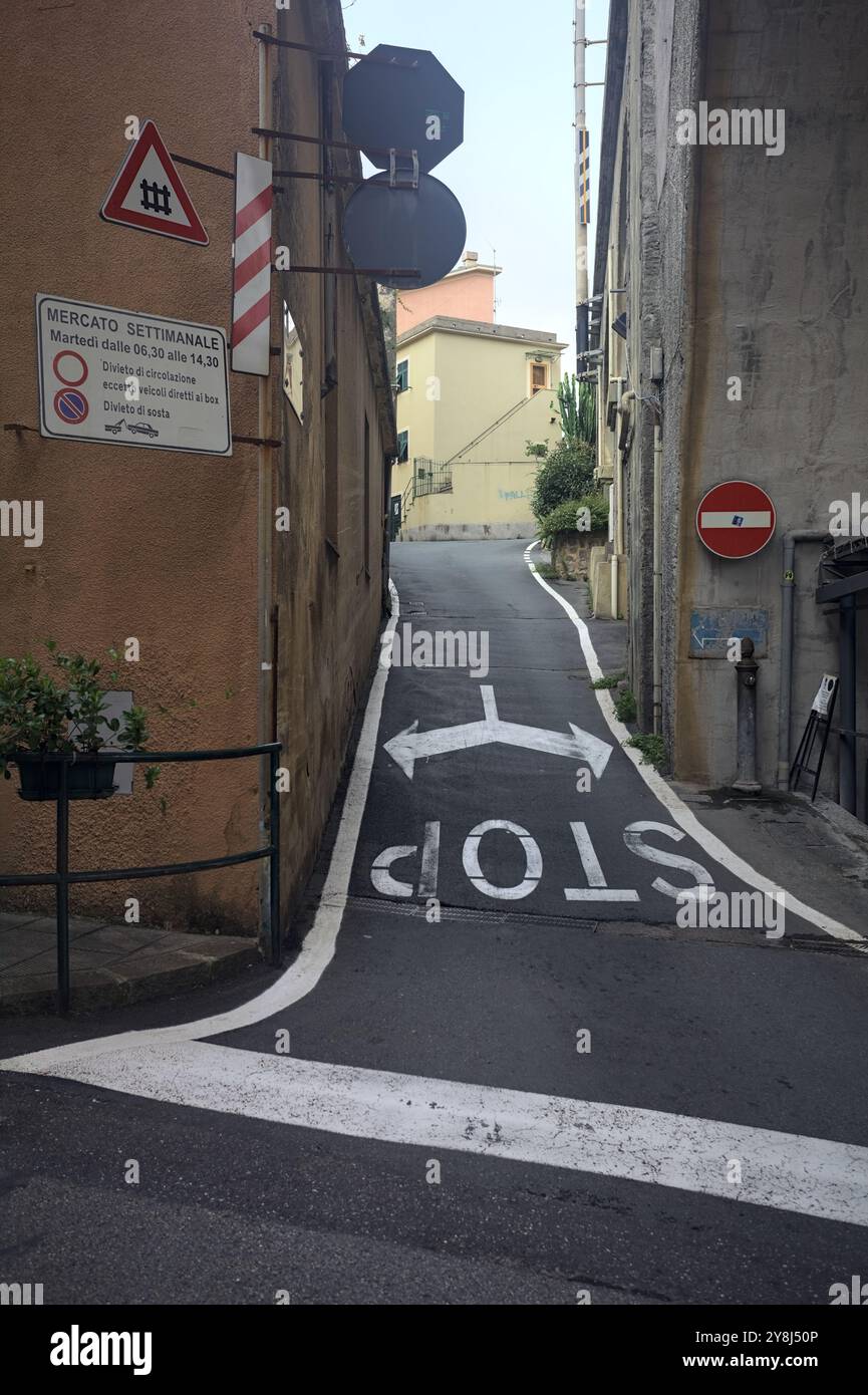 Narrow alley on a slope next to a bridge with a stop sign on the ground ...