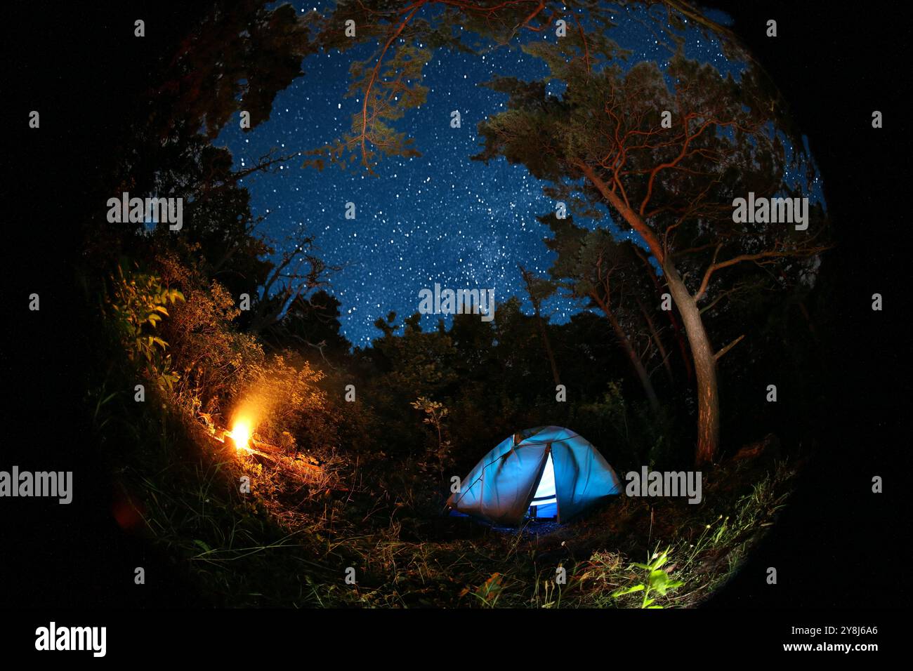 Modern camping tent and bonfire in forest at night. Fisheye lens effect ...