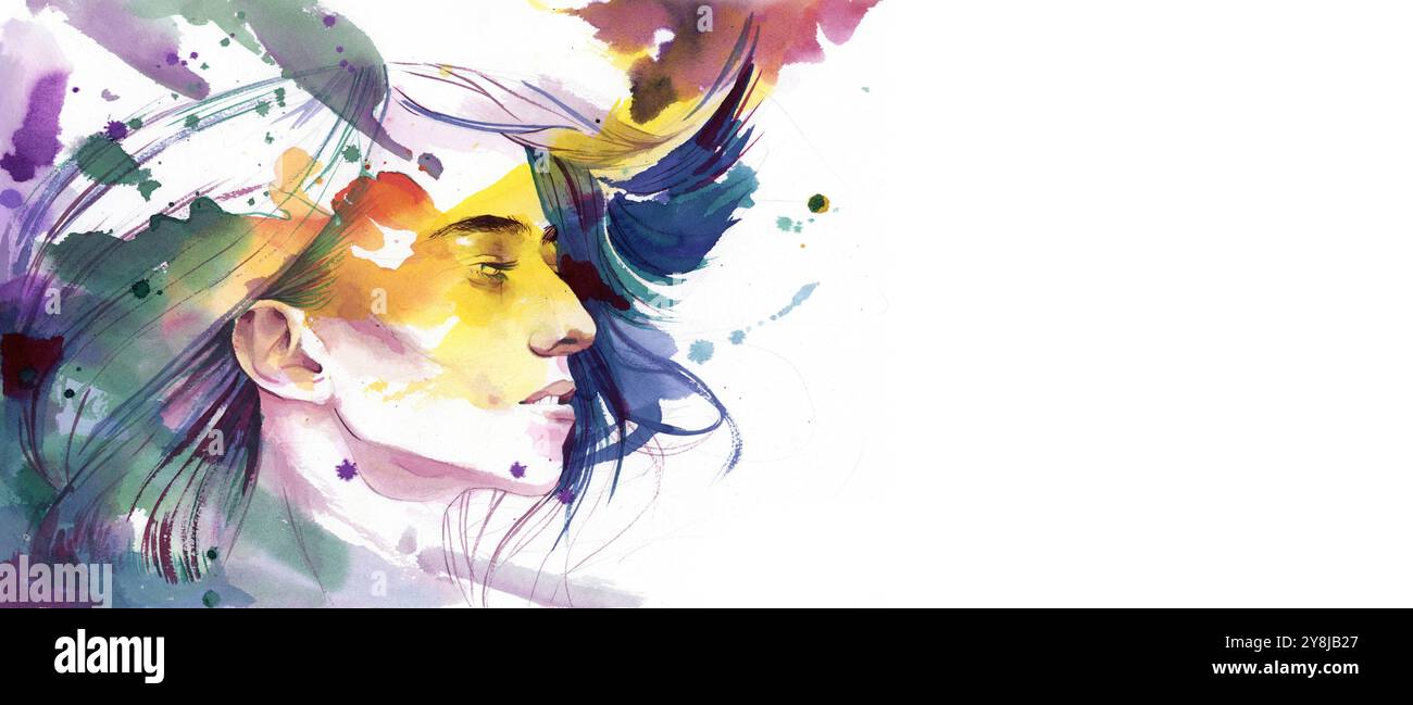 Natural beauty, freedom of mind, chaotic creativity concept watercolor ...