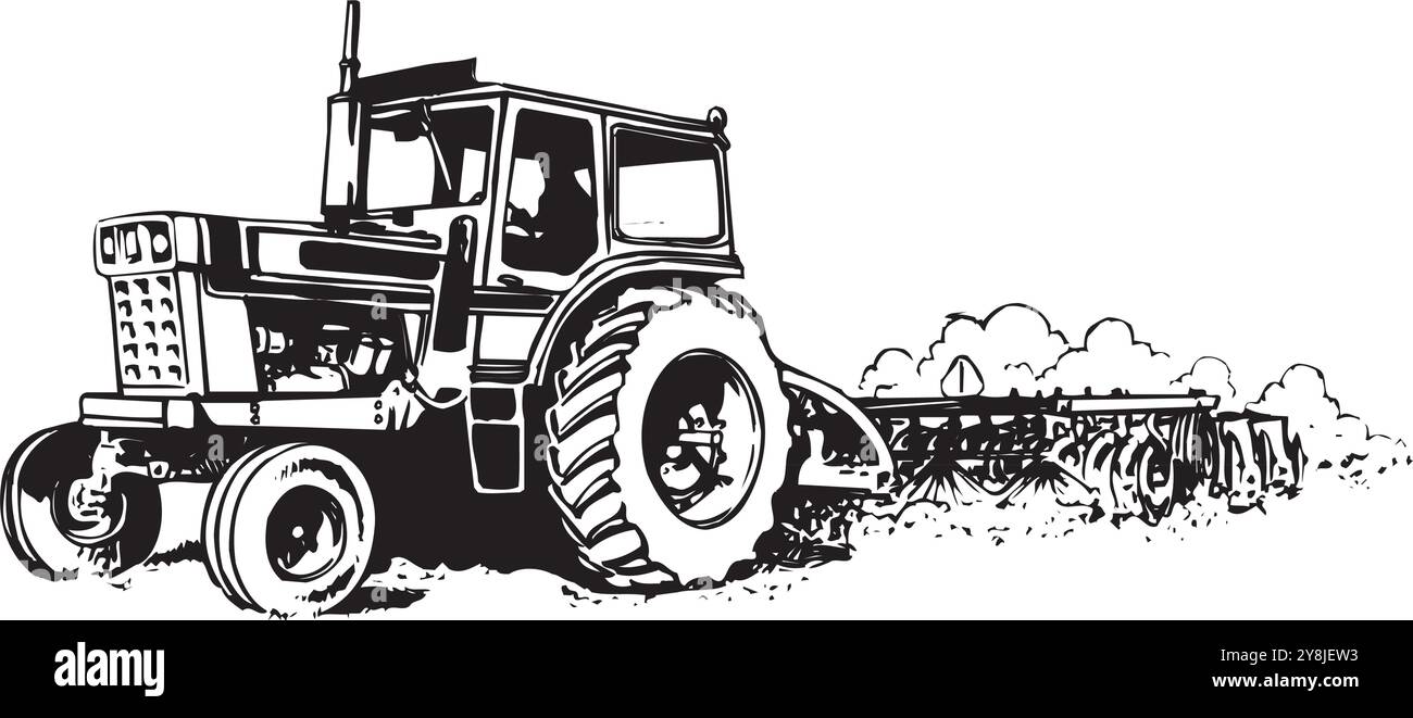 A hand drawn of a farm tractor isolated on white. Heavy agricultural ...