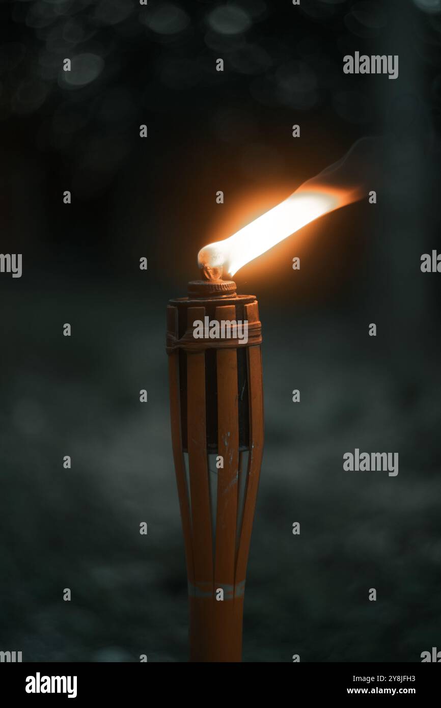 Tiki torch, burning flame garden candle in an outdoor setting, fire ...