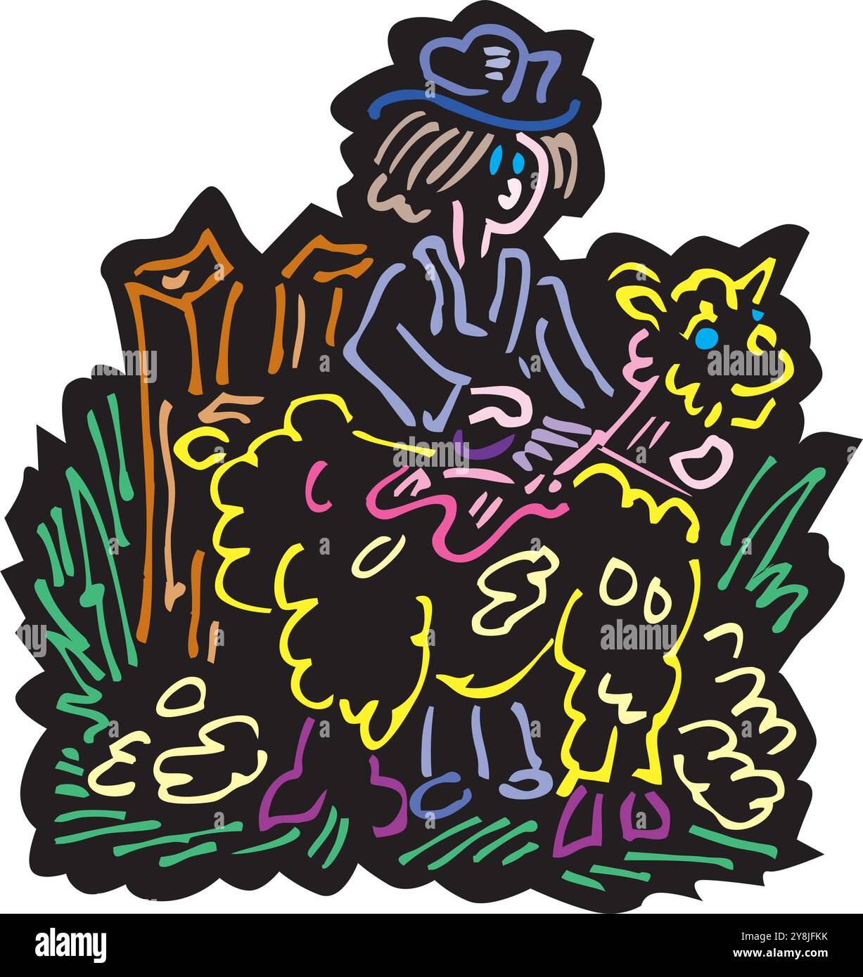 Farm composition with human character of worker shearing the sheep ...