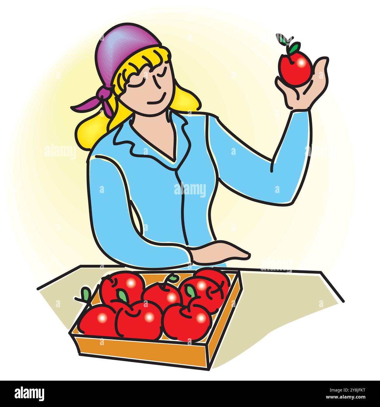 Smiling woman selling apples from a rustic stall vector design ...