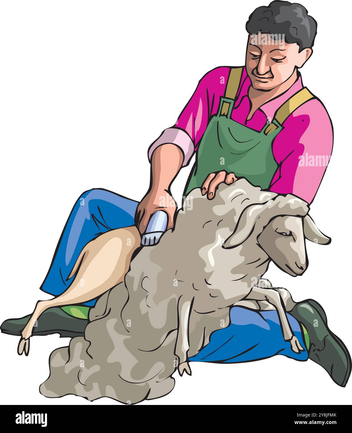Farm composition with human character of worker shearing the sheep ...